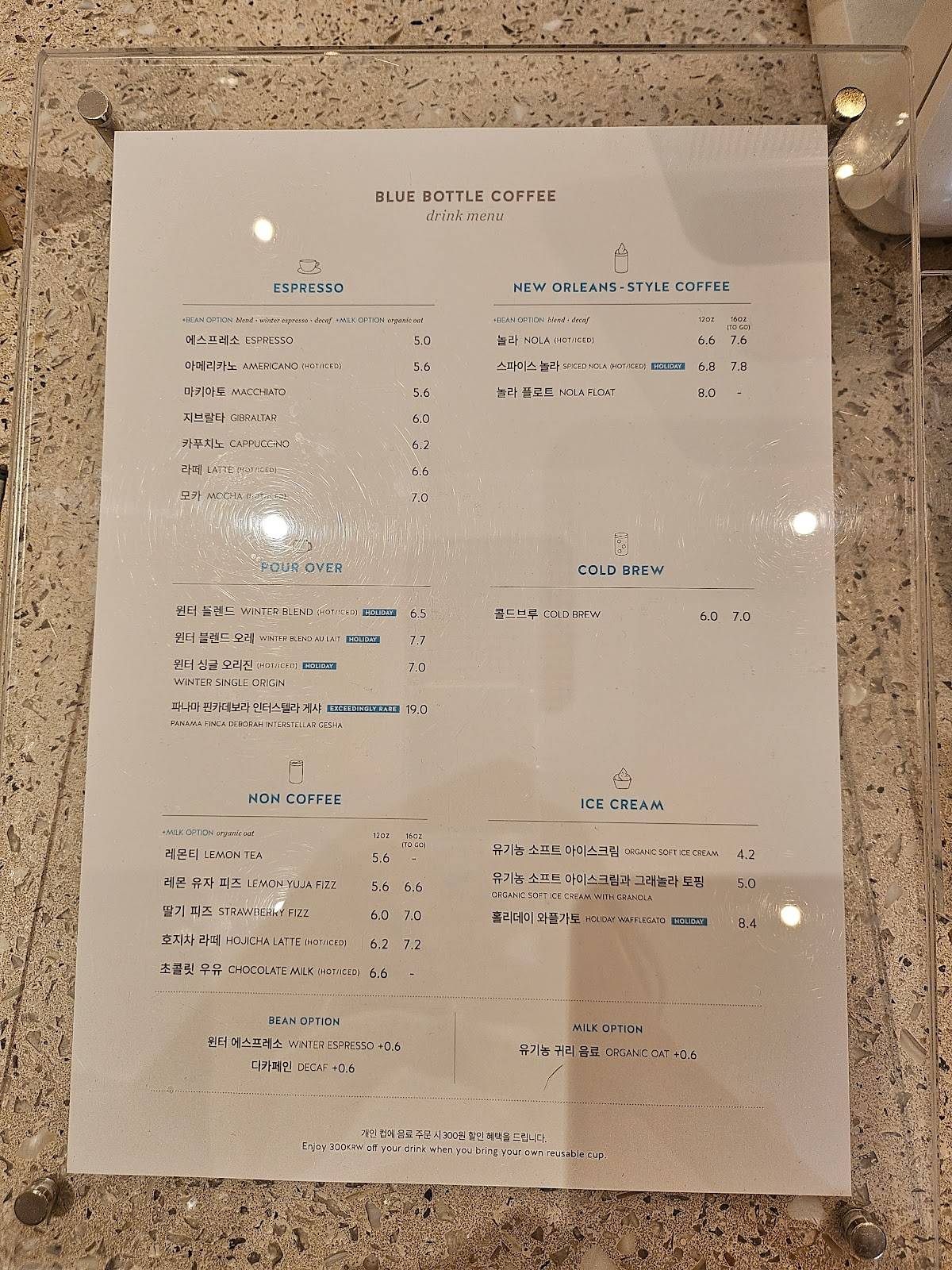 Menu at Blue Bottle Coffee Jeju Cafe, South Korea