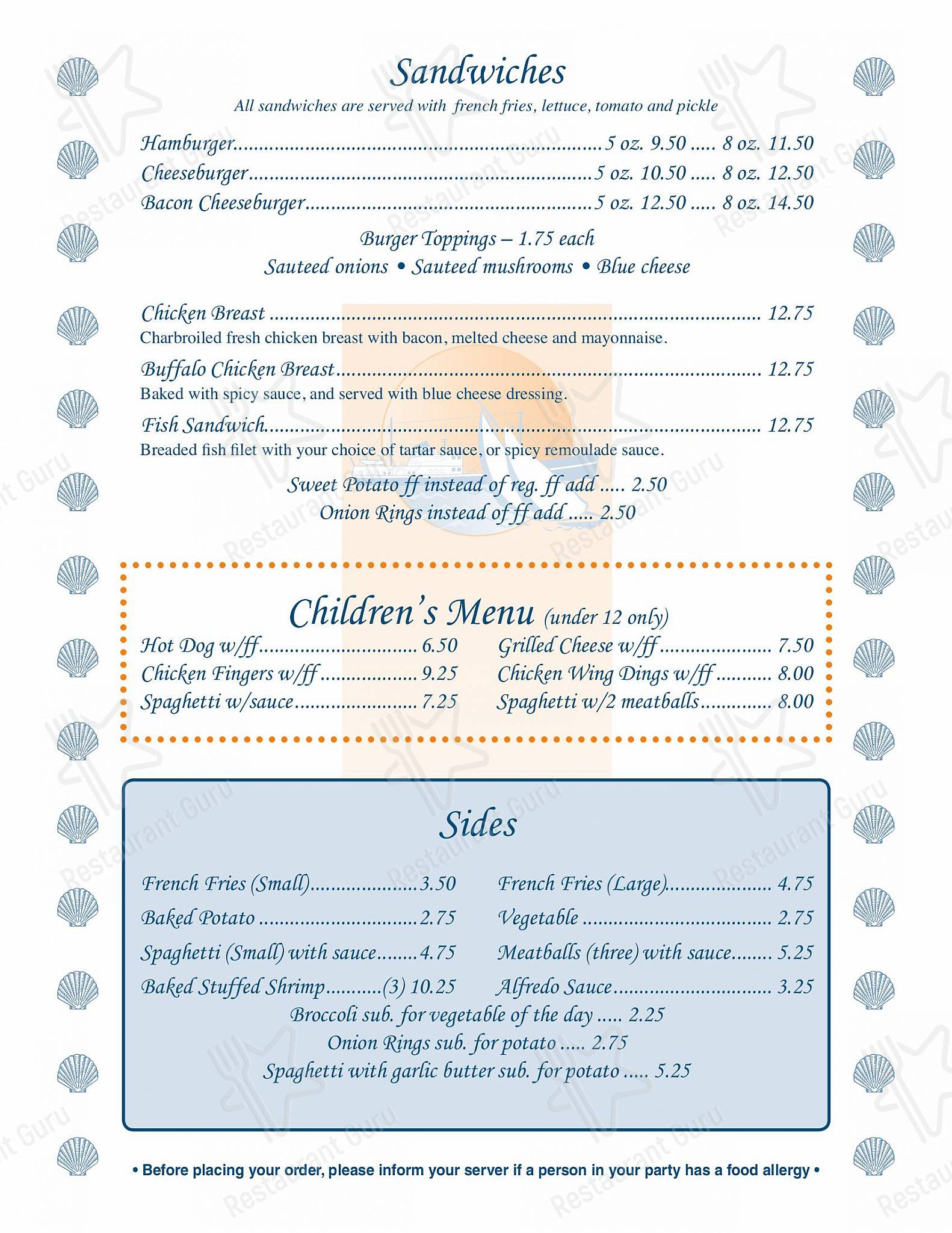 Menu at Blue Point Restaurant, Acushnet