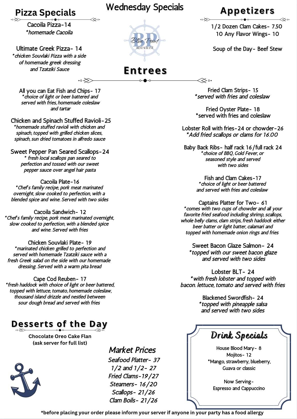 Menu at Blue Point Restaurant, Acushnet