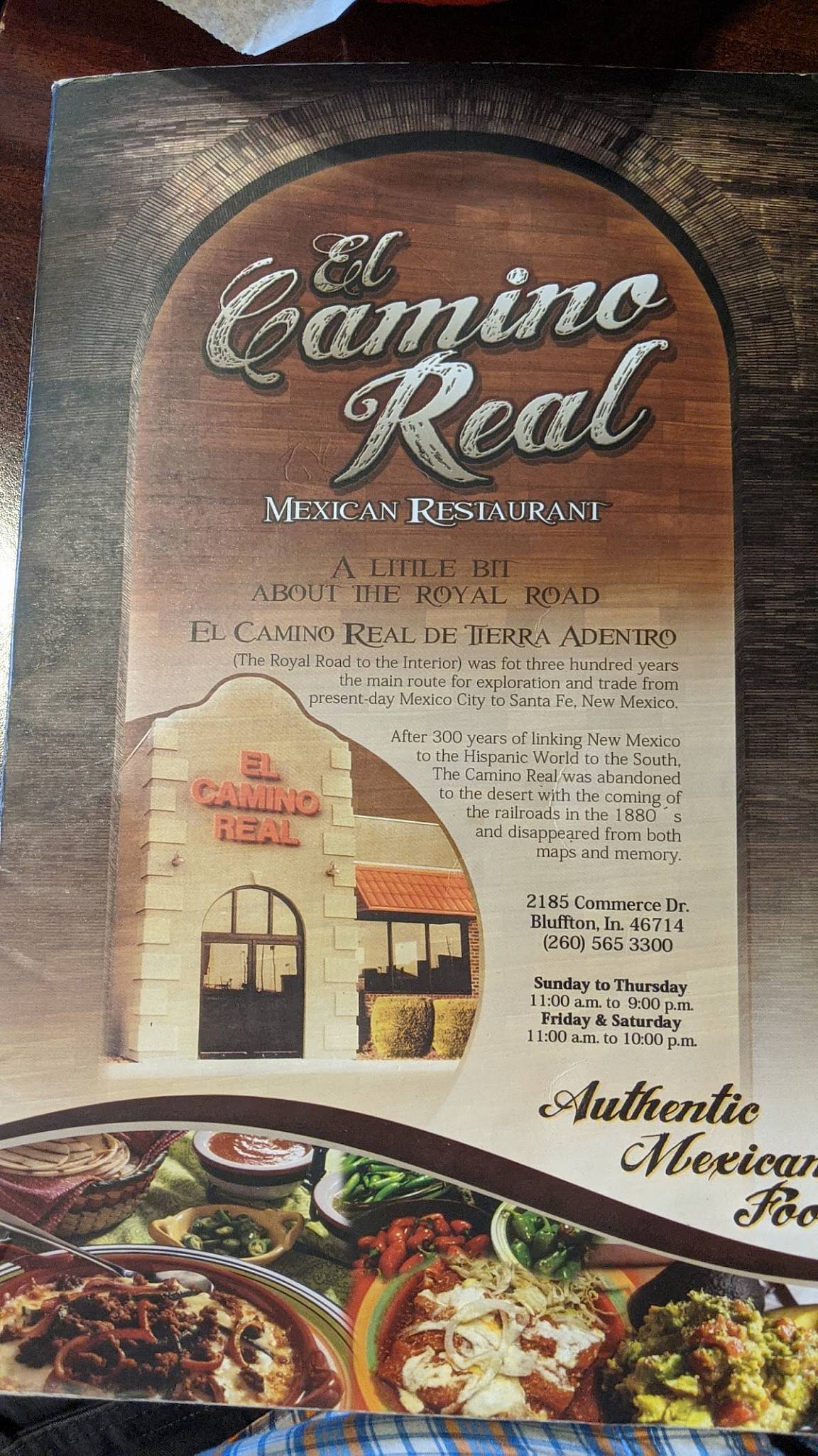 Menu at El Camino Real restaurant, Bluffton, Commerce Dr