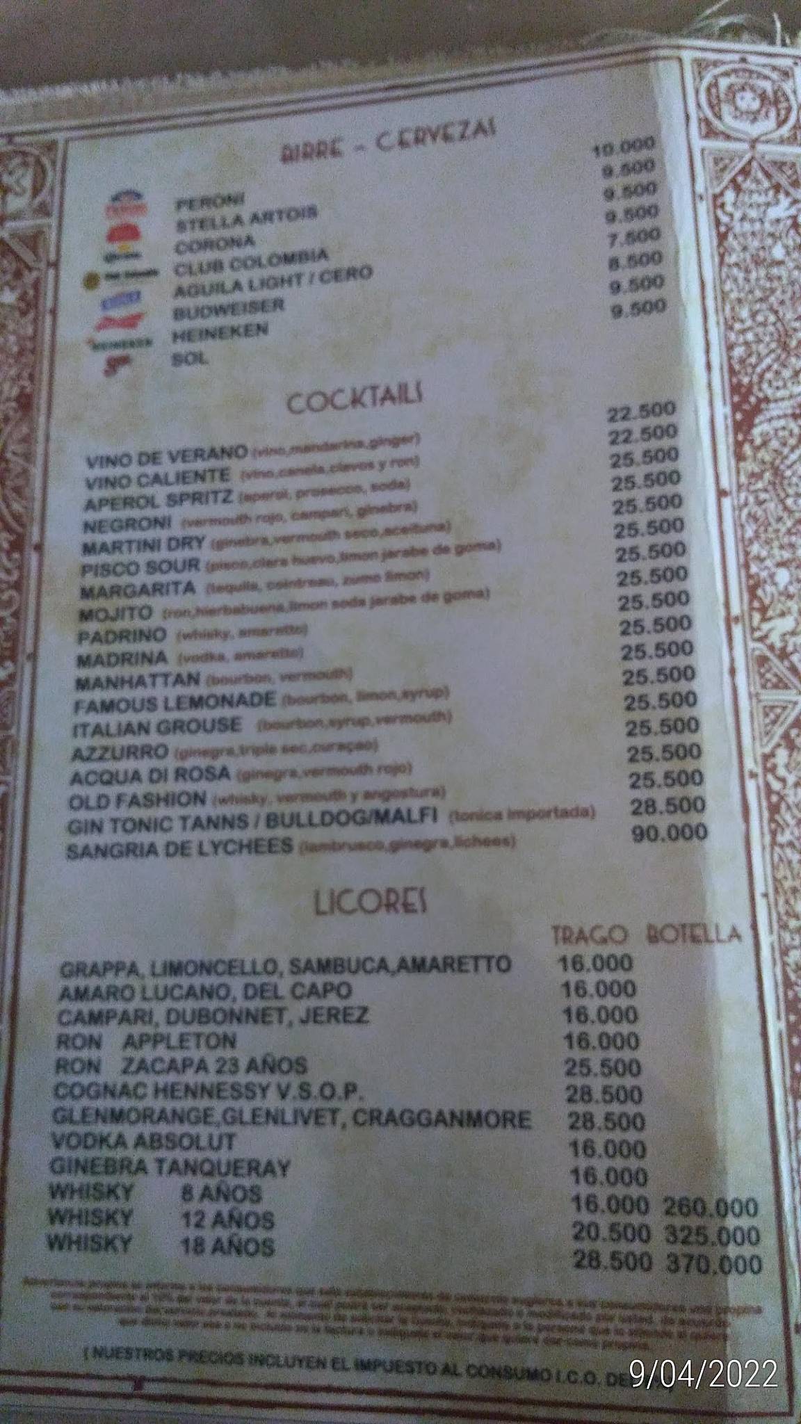Carta del restaurante La Divina Comedia Trattoria, Bogotá, Cl. 71 #5-83