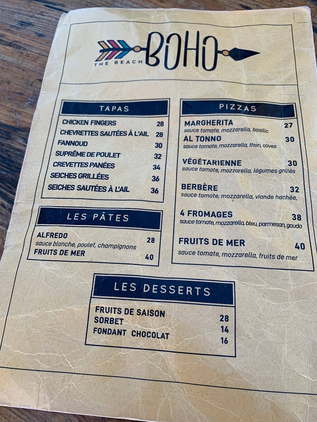 Carta del pub y bar Boho The Beach, Aghir
