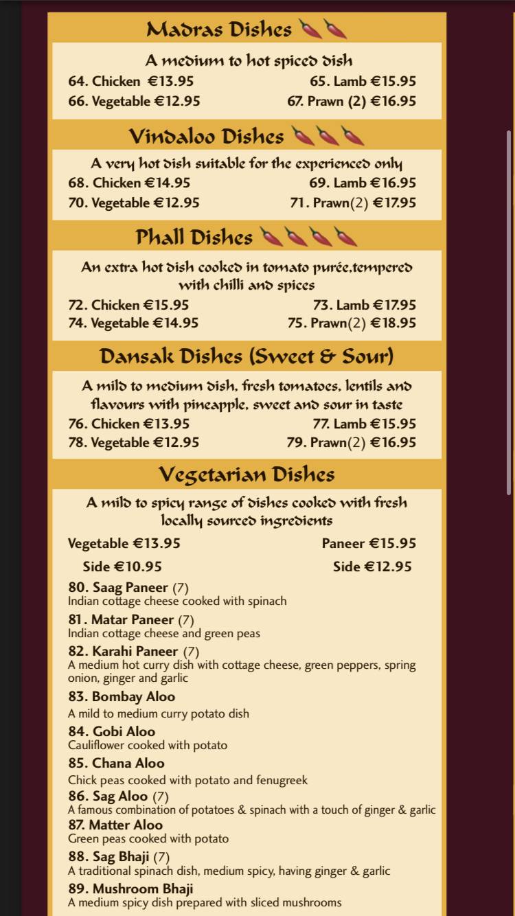 Menu at Bombay Palace restaurant, Killarney