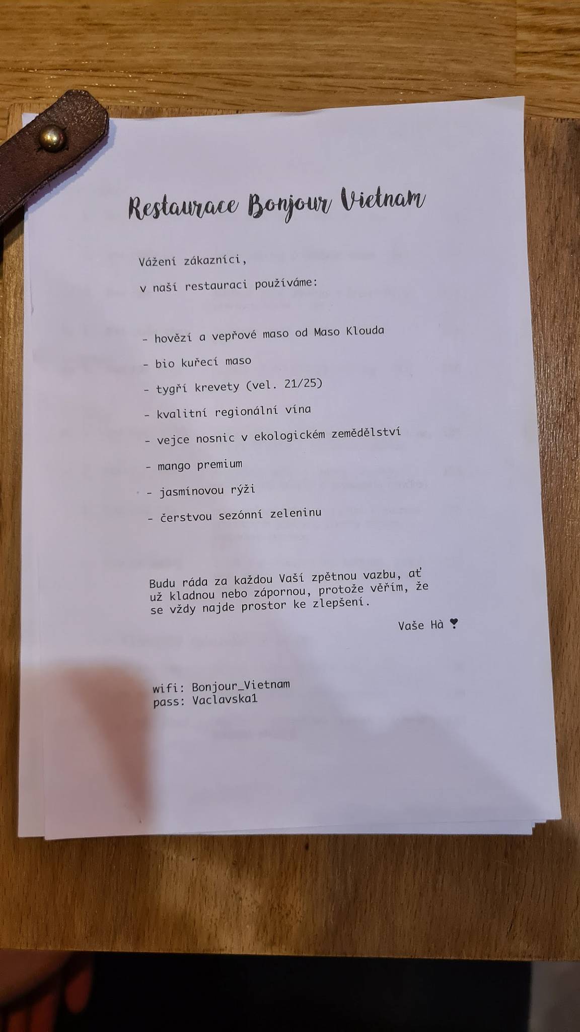 Menu at Bonjour Vietnam restaurant, Brno