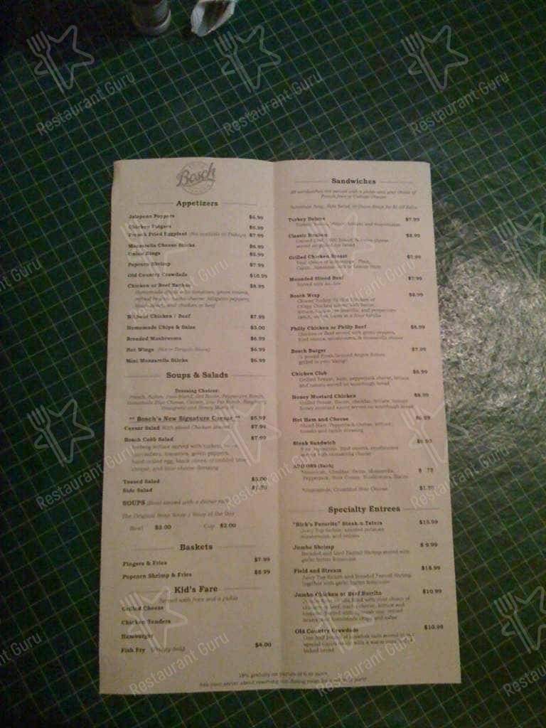 Menu at Bosch Food Tavern pub & bar, Hales Corners