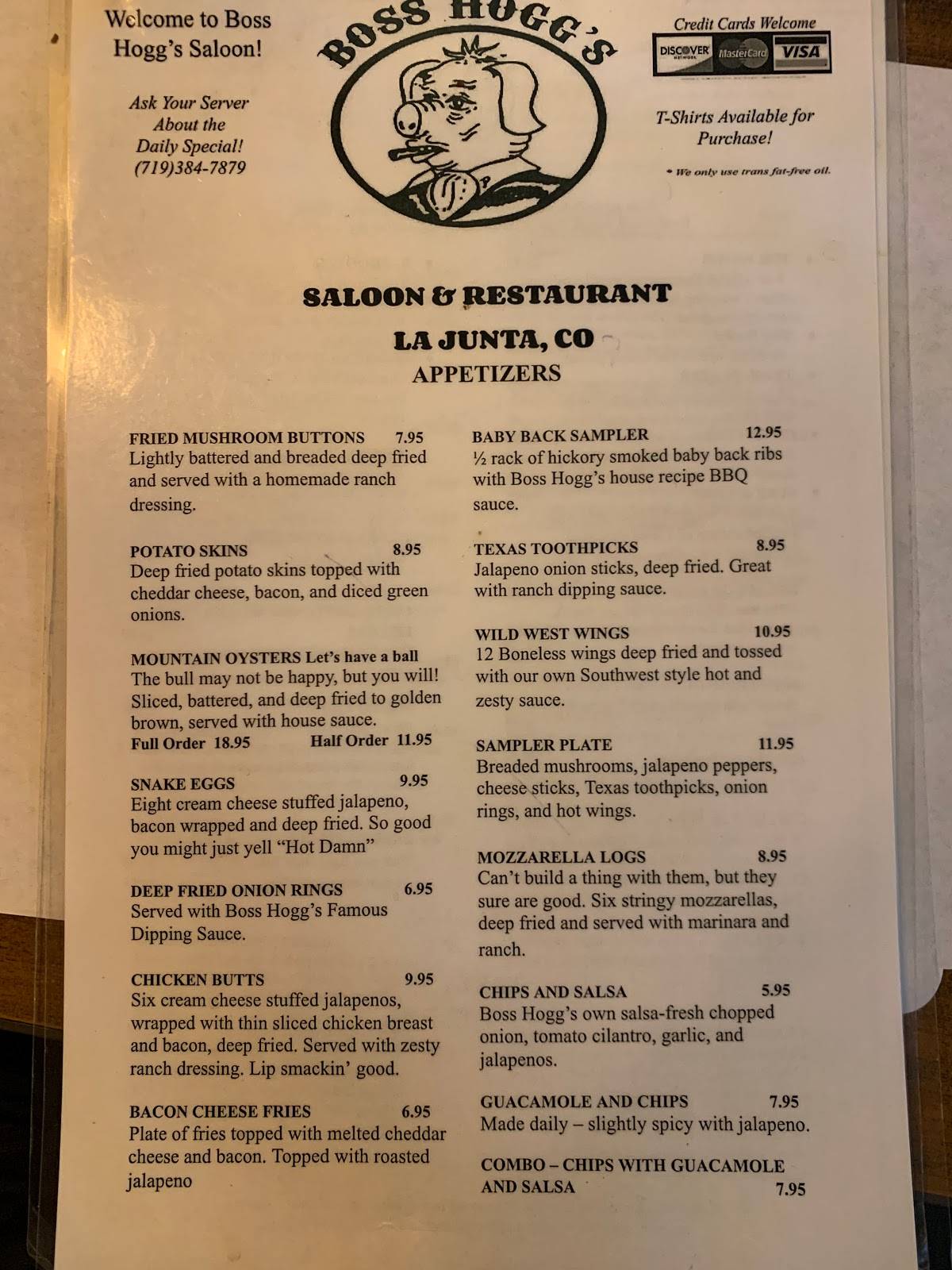Menu at Boss Hogg's Saloon & Restaurant, La Junta