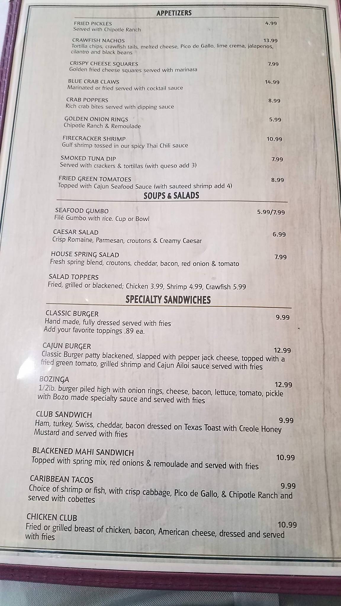 Menu at Bozo's Seafood Market restaurant, Pascagoula