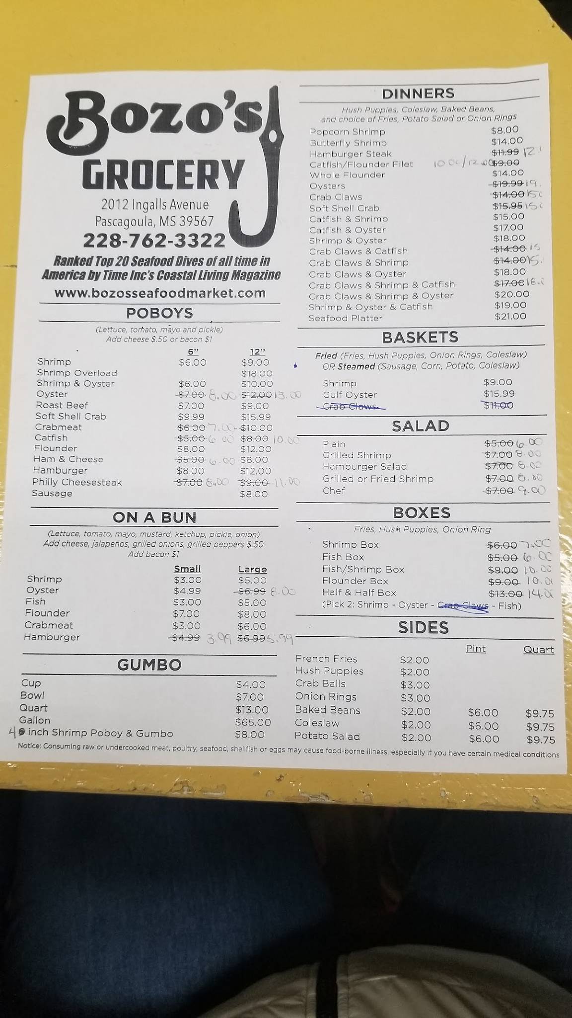 Menu at Bozo's Seafood Market restaurant, Pascagoula