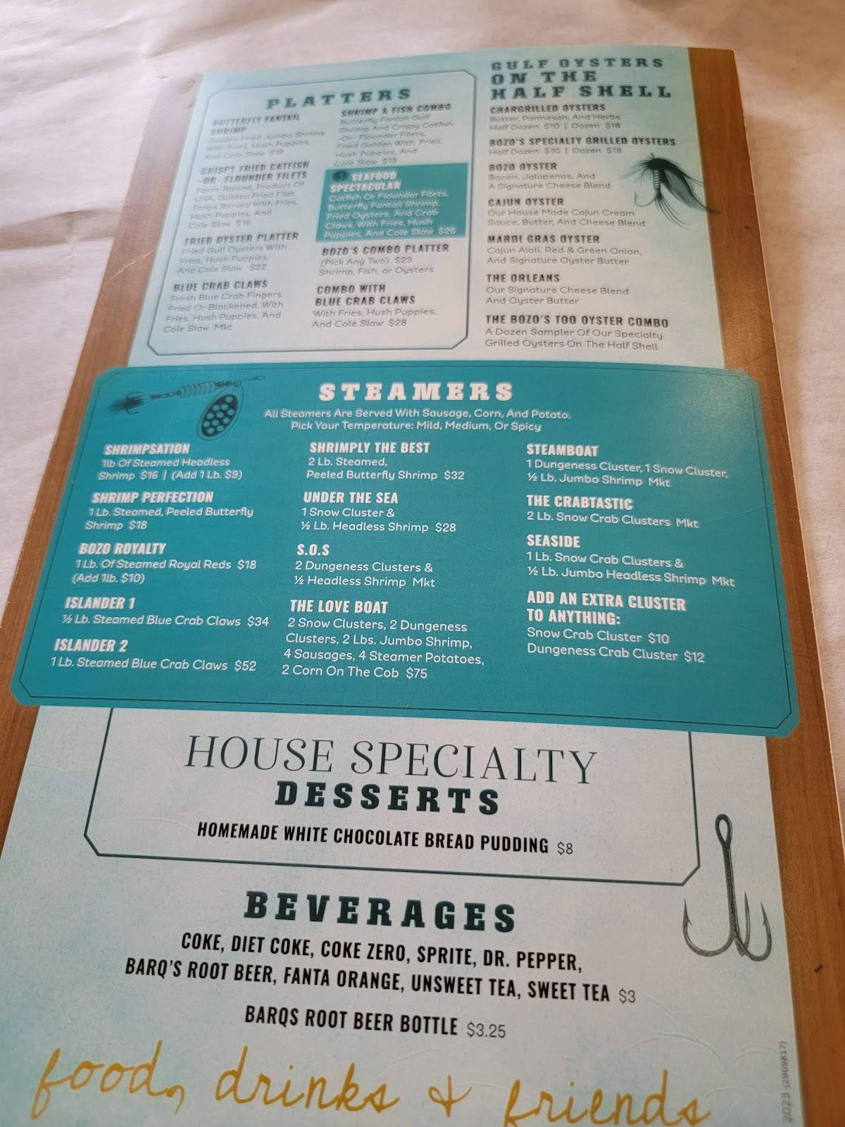Menu at Bozo's Seafood Market restaurant, Pascagoula