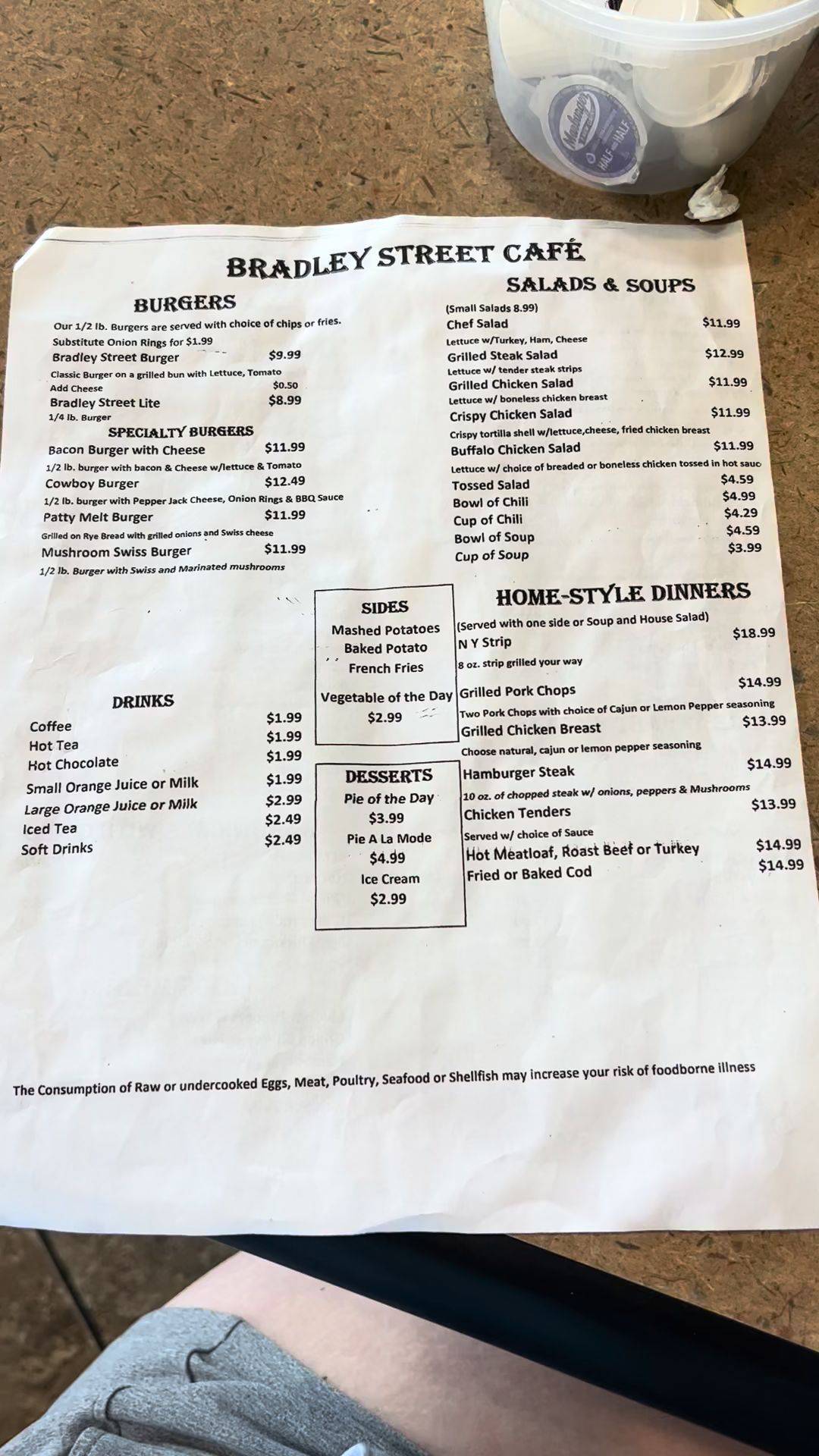 Menu at Bradley Street Café restaurant, Kylertown