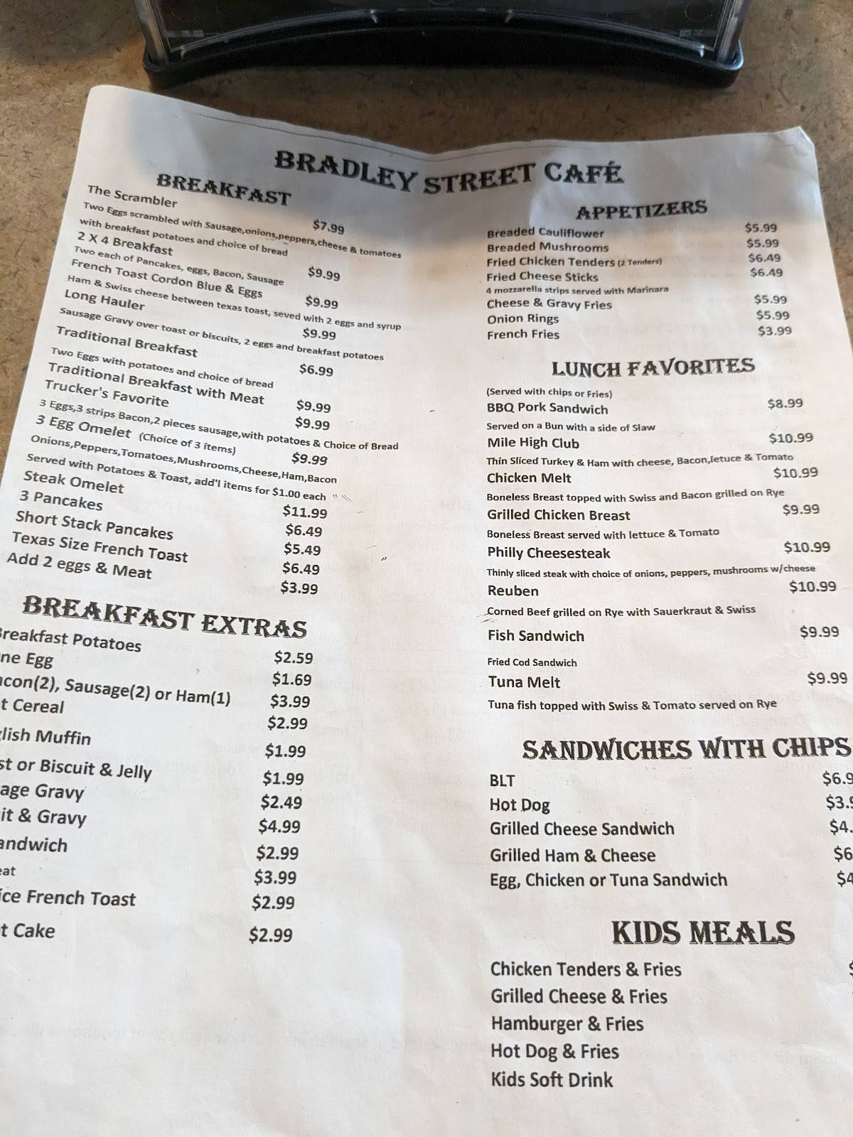 Menu at Bradley Street Café restaurant, Kylertown