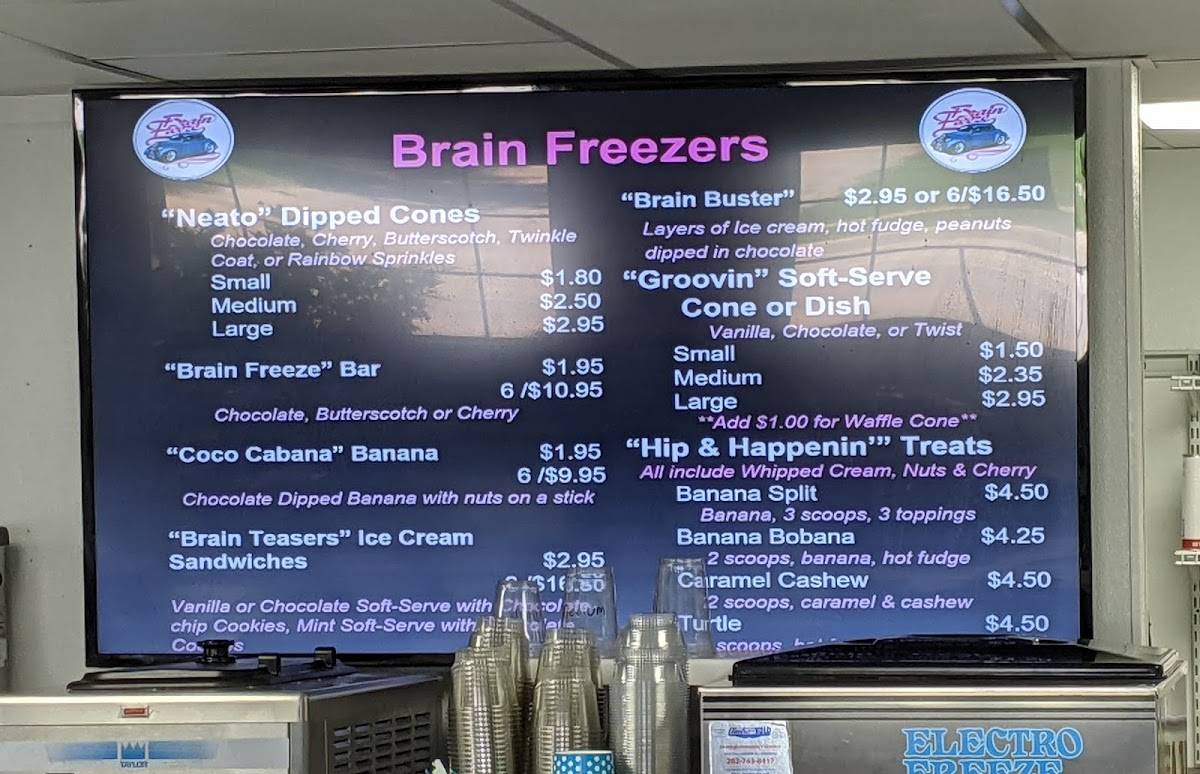 Menu at Brain Freeze restaurant, Whitewater