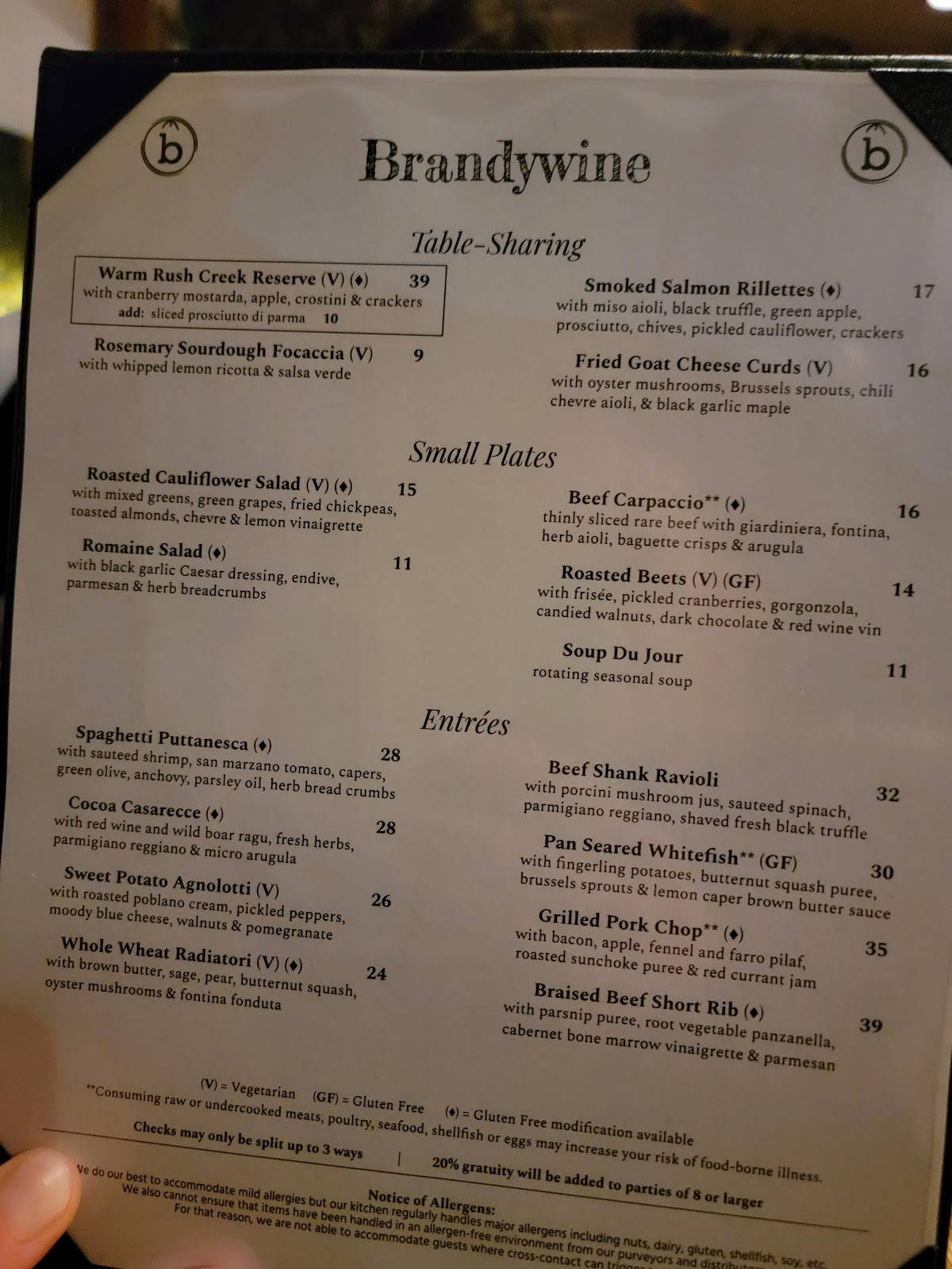 Menu at Brandywine restaurant, Cedarburg
