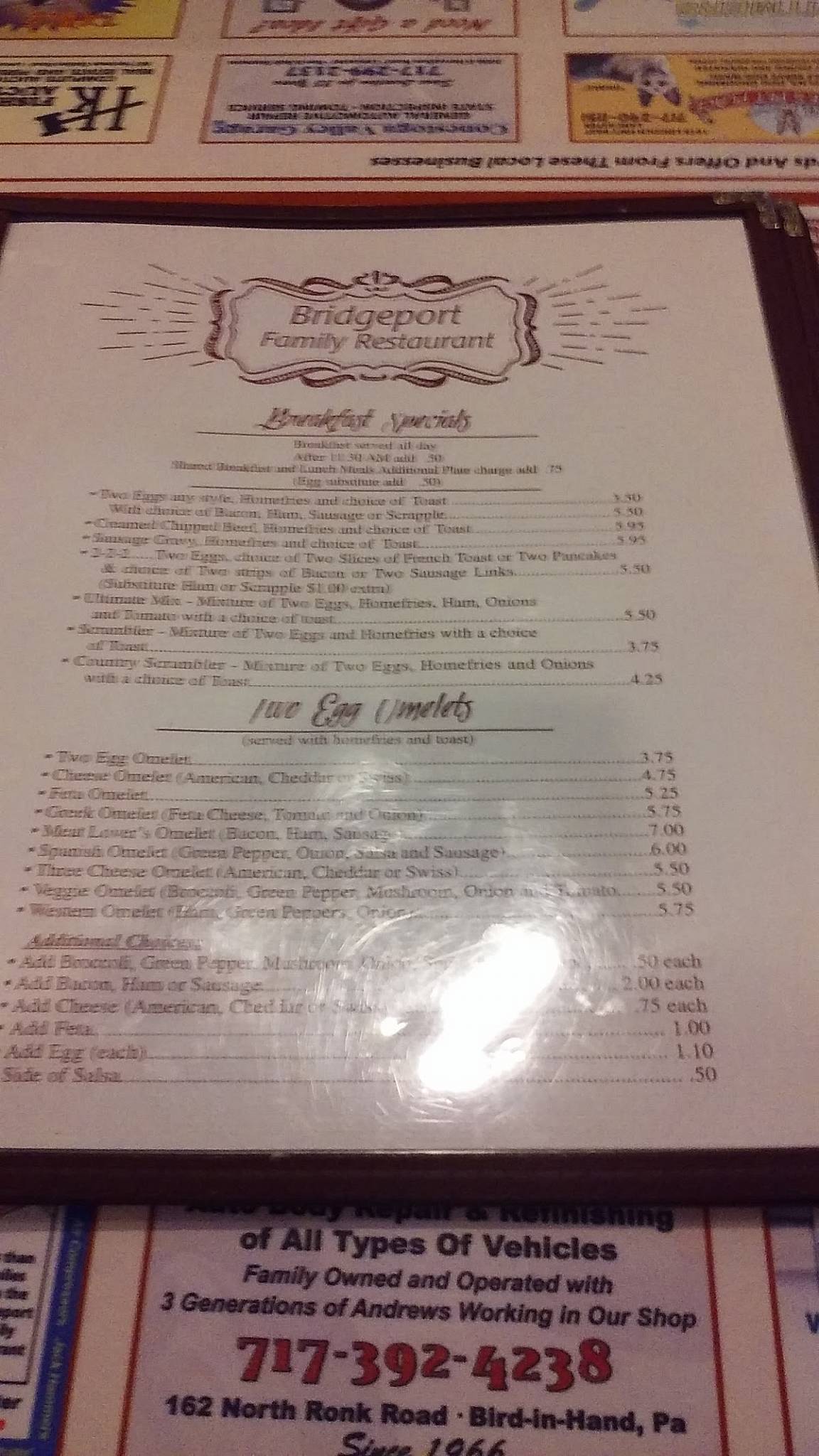 Menu at Bridgeport Family Restaurant, Lancaster