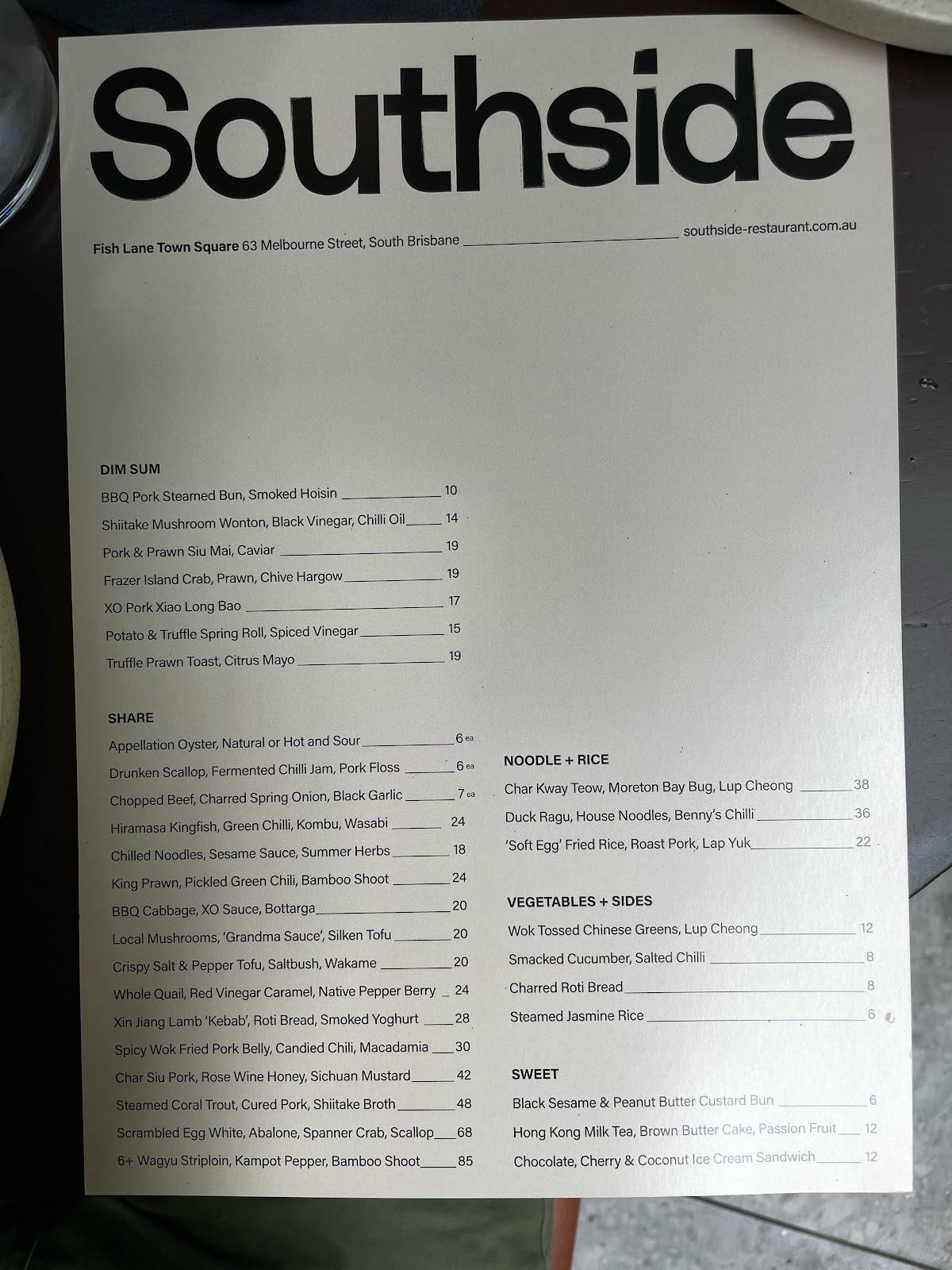 Menu at Southside Restaurant, South Brisbane