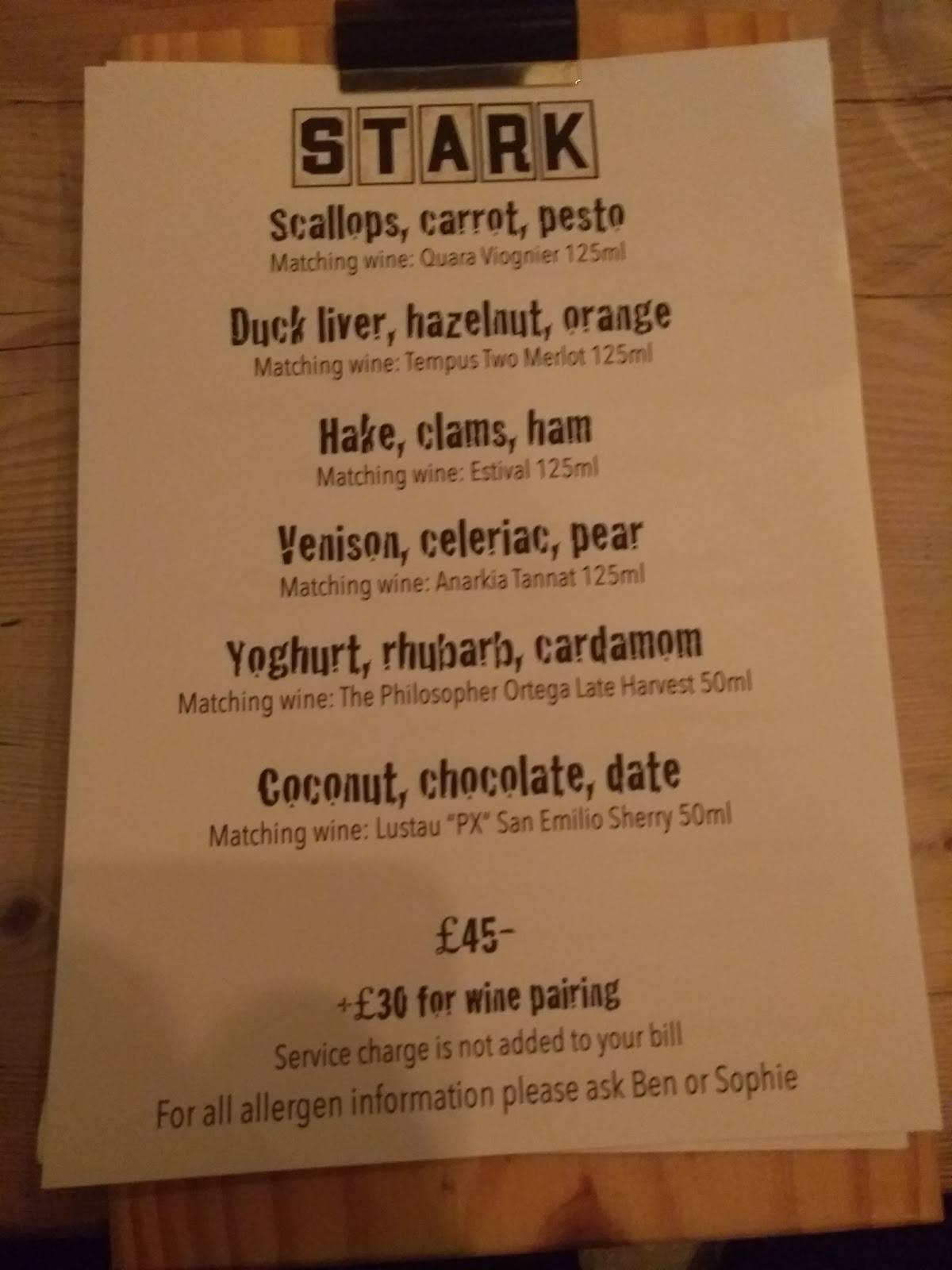 Menu at STARK restaurant, Broadstairs