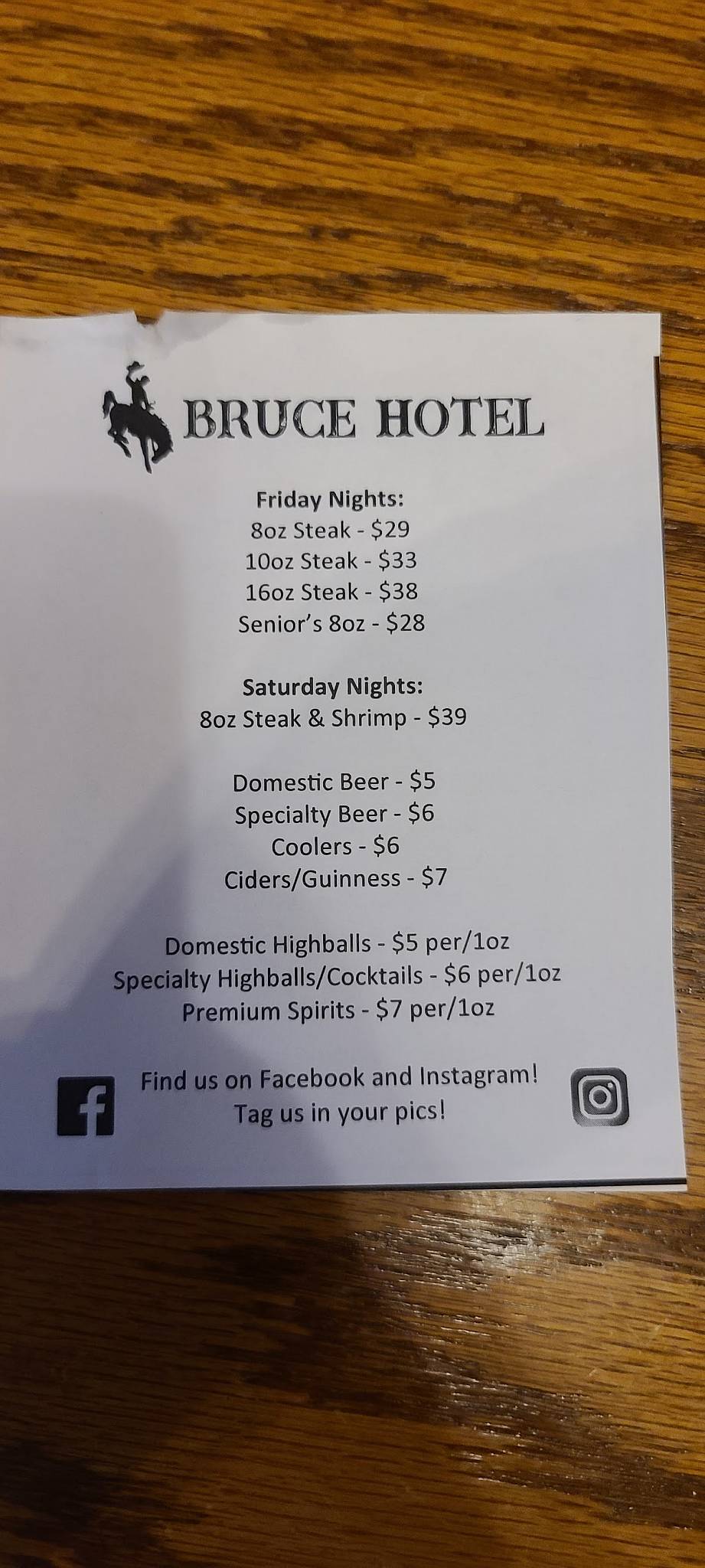 Menu at Bruce Hotel steakhouse, Bruce