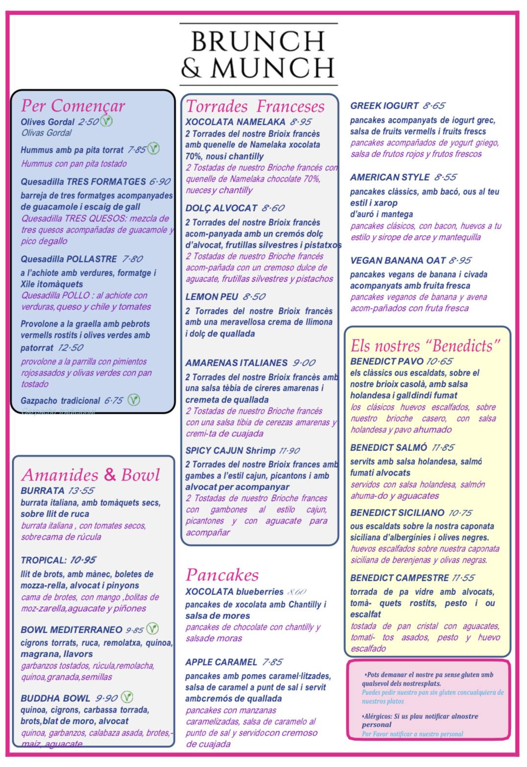Carta del restaurante Brunch & Munch, Barcelona