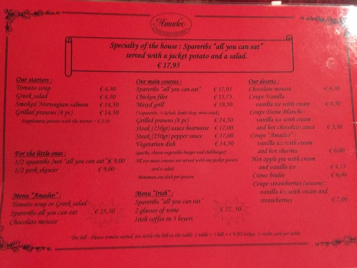 Menu au Amadeo, Bruxelles, Rue Sainte-Catherine 26