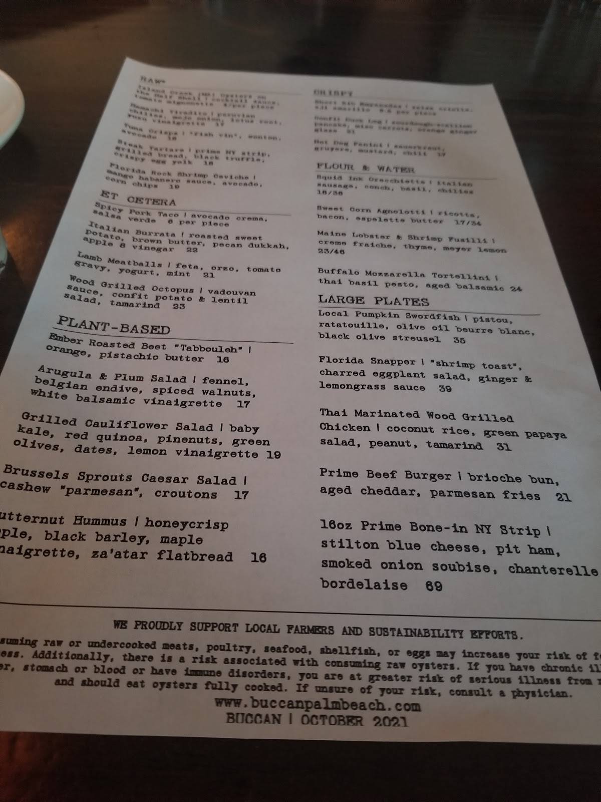 Menu at Buccan restaurant, Palm Beach