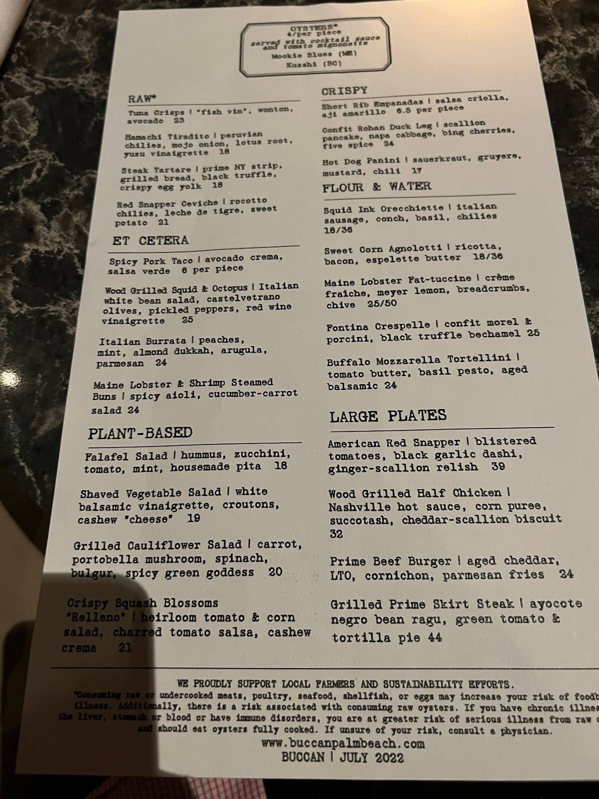 Menu at Buccan restaurant, Palm Beach