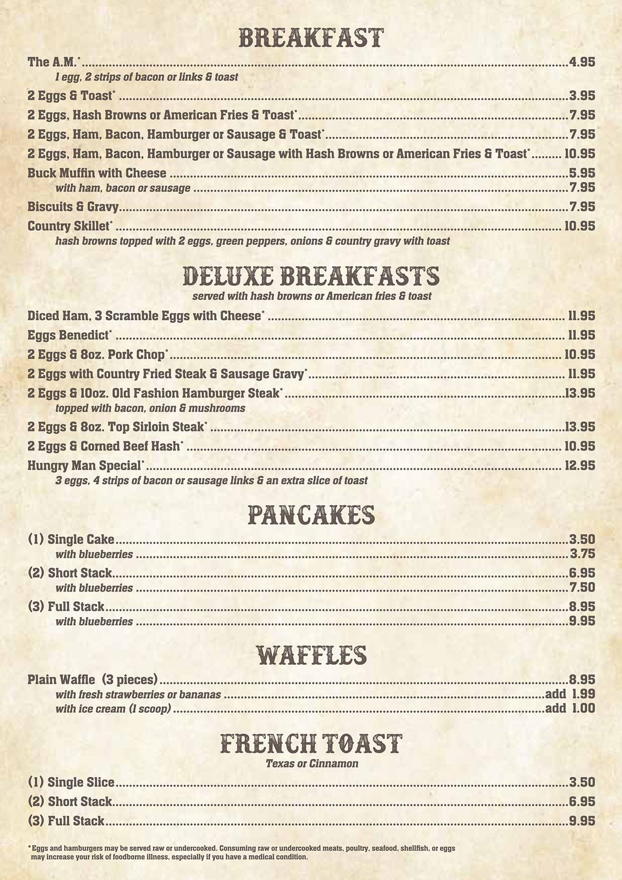 Menu at Buckboard restaurant, Lakeville