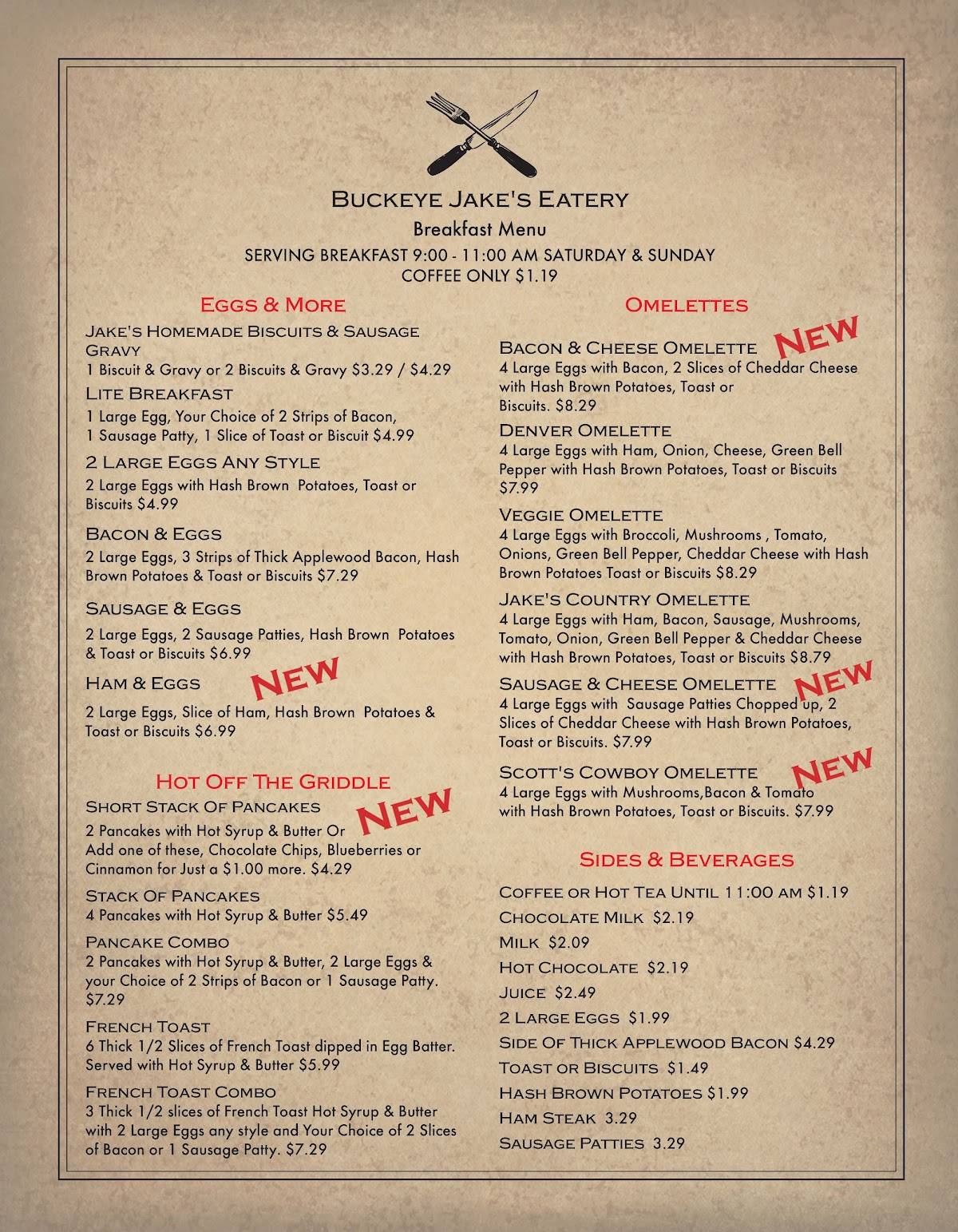 Menu at Buckeye Jake's Eatery steakhouse, West Alexandria