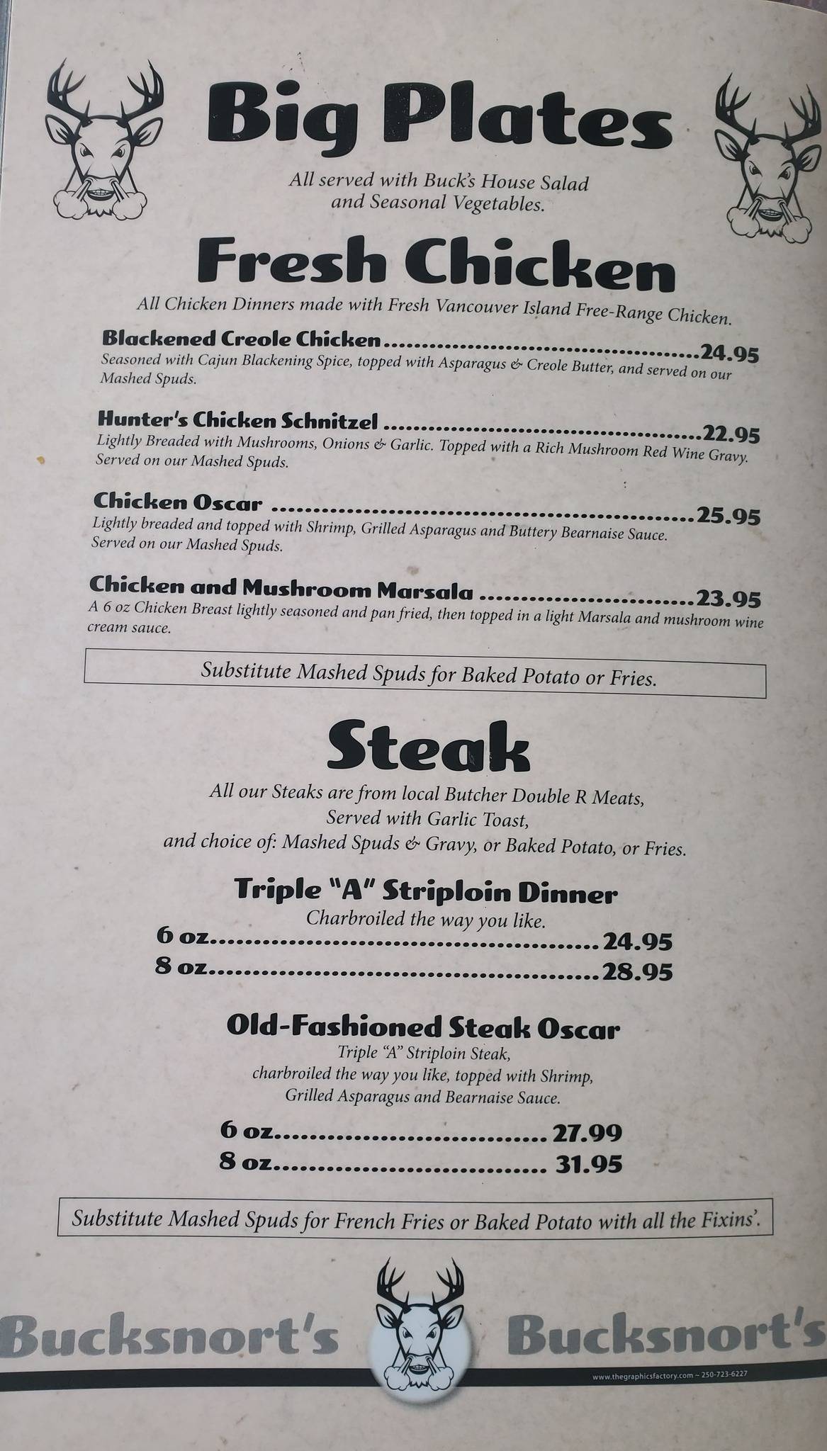 Menu at Bucksnort's Bar & Grill, Port Alberni