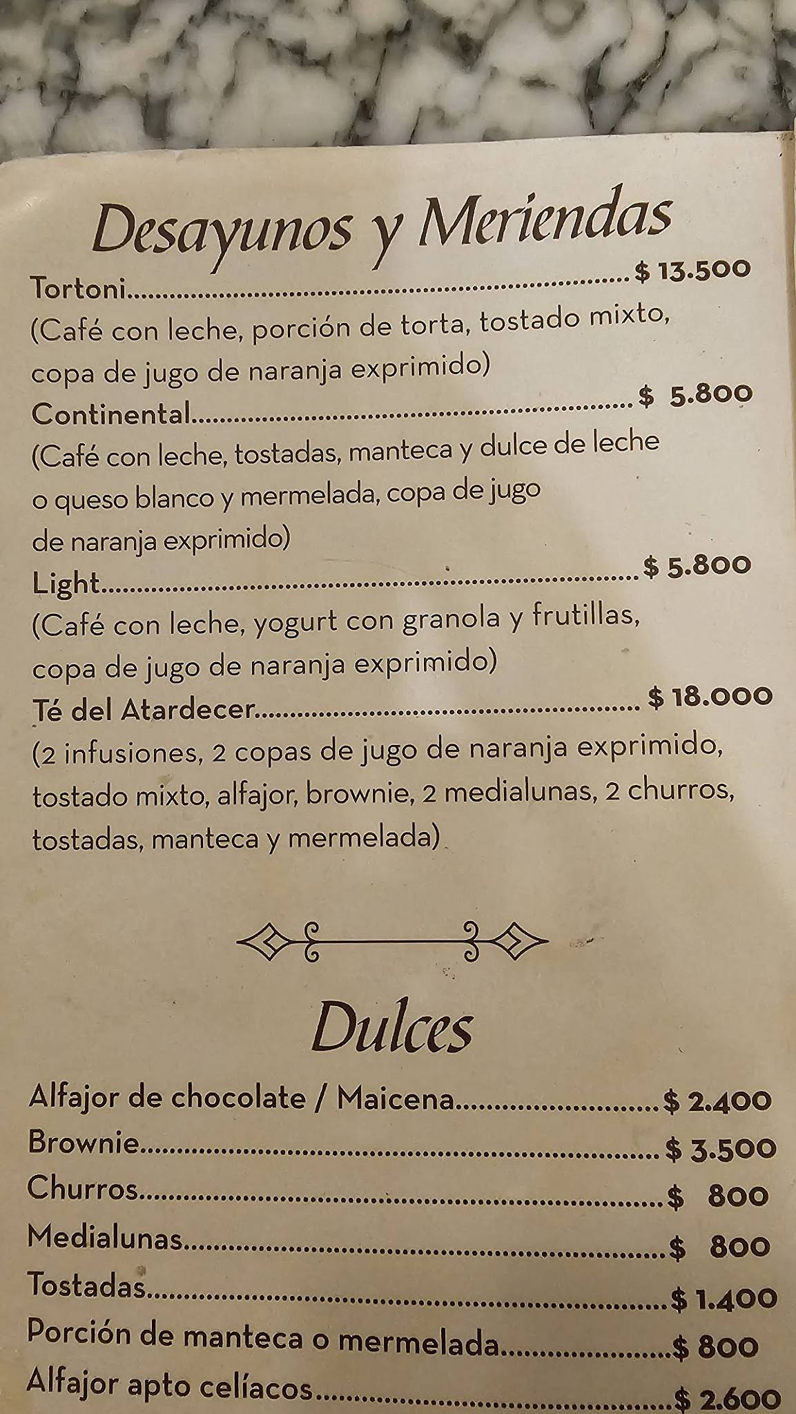 Menu at Café Tortoni, Buenos Aires, Av. de Mayo 825