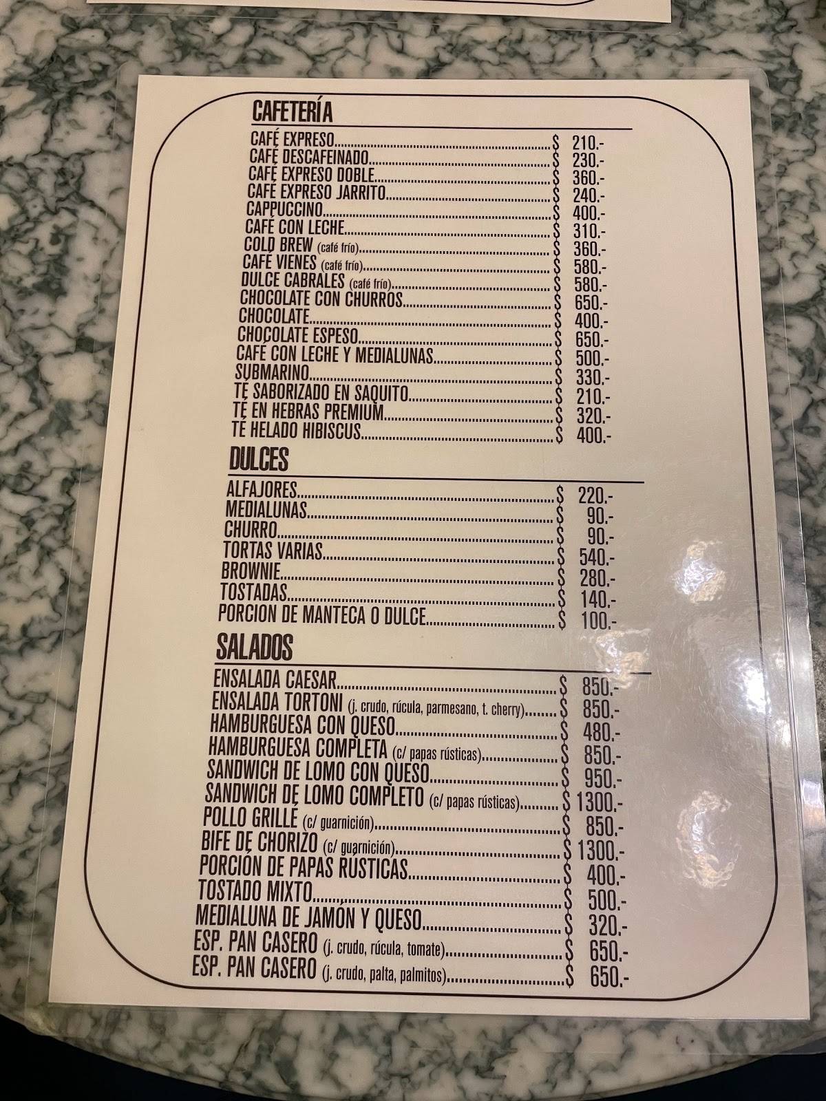 Menu at Café Tortoni, Buenos Aires, Av. de Mayo 825