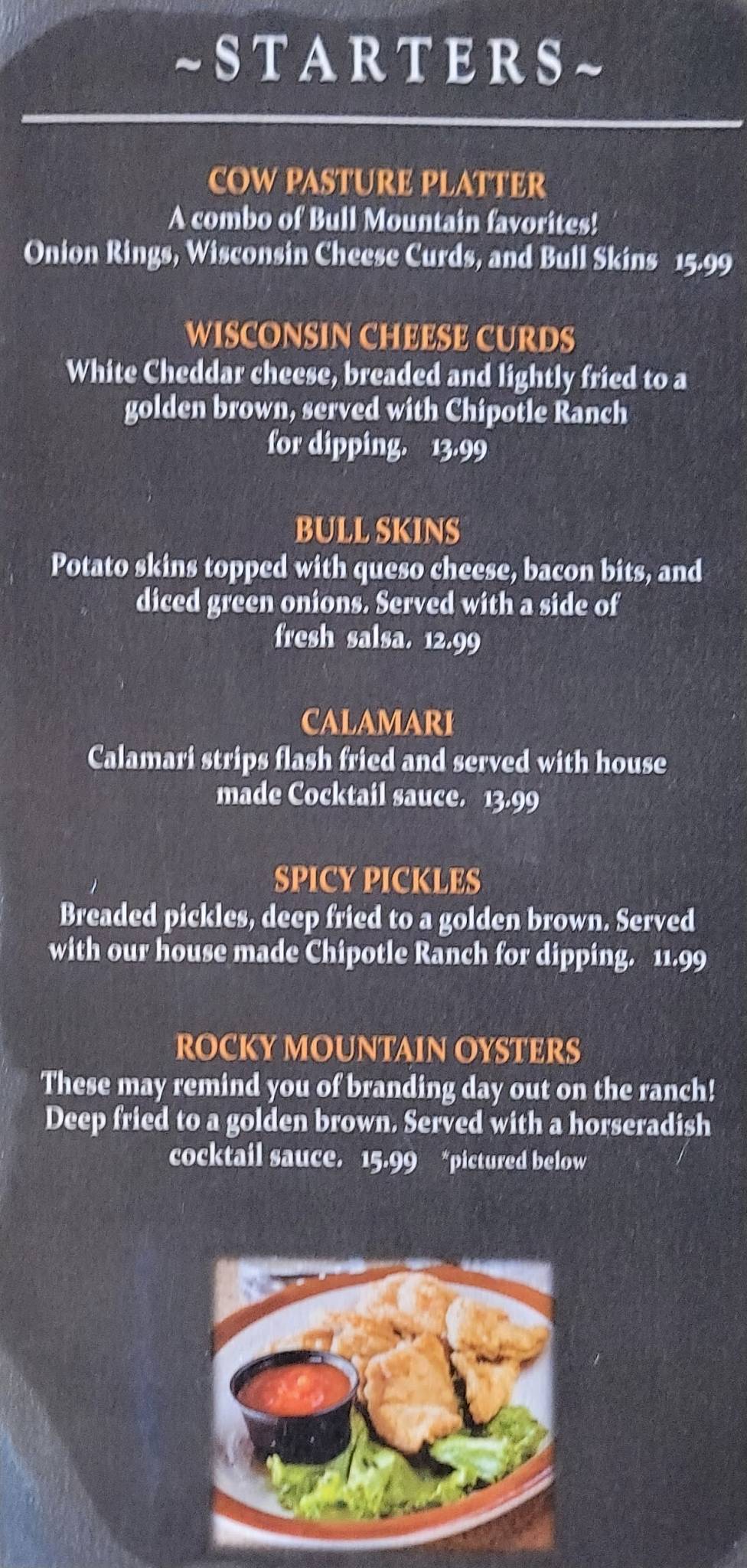 Menu at Bull Mountain Grille steakhouse, Billings