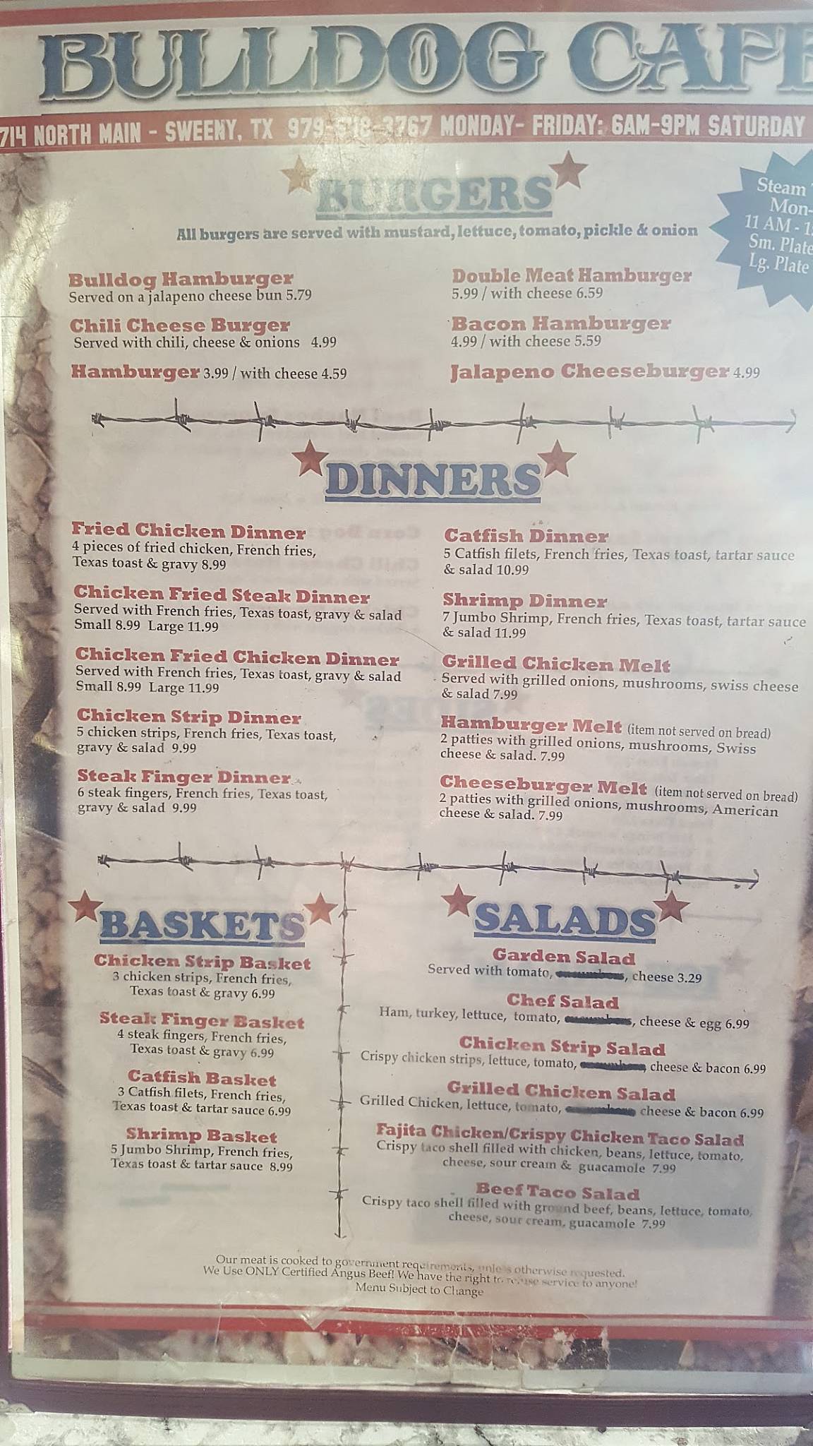Menu at Bulldog Cafe, Sweeny