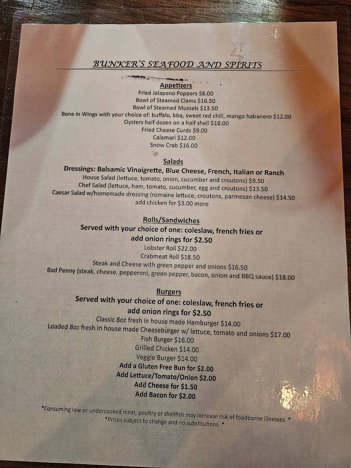 Menu at Bunker's Seafood and Spirits steakhouse, Gouldsboro