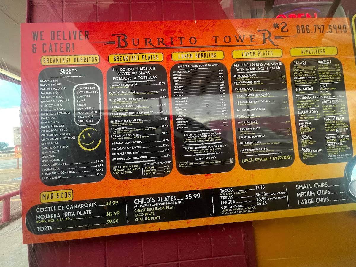 Menu at Burrito Tower #2 restaurant, Lubbock, I-27