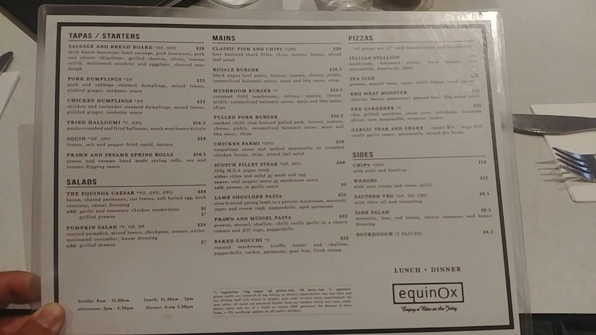 Menu at Equinox Restaurant & Bar, Busselton