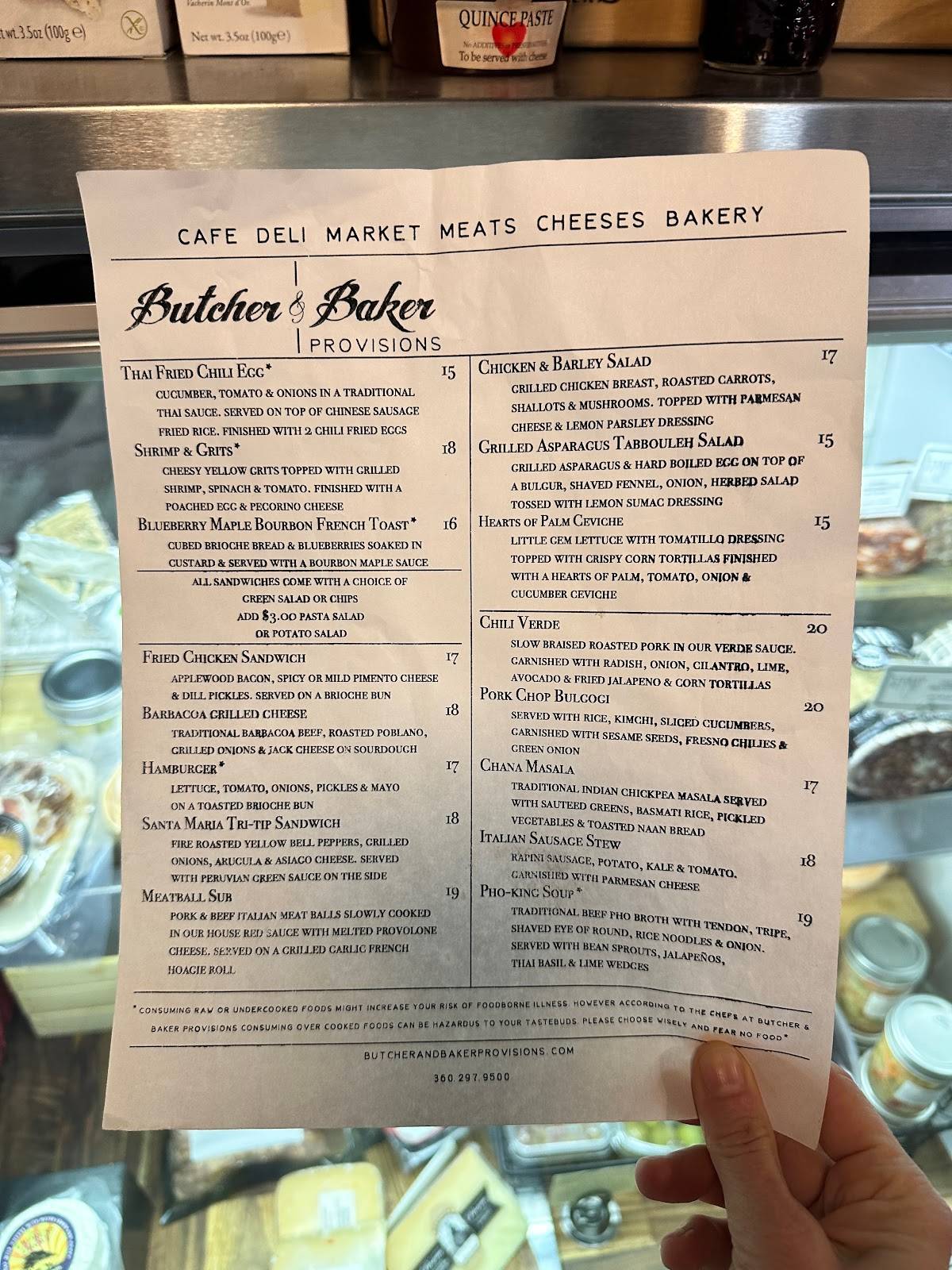 Menu at Butcher & Baker Provisions restaurant, Port Gamble