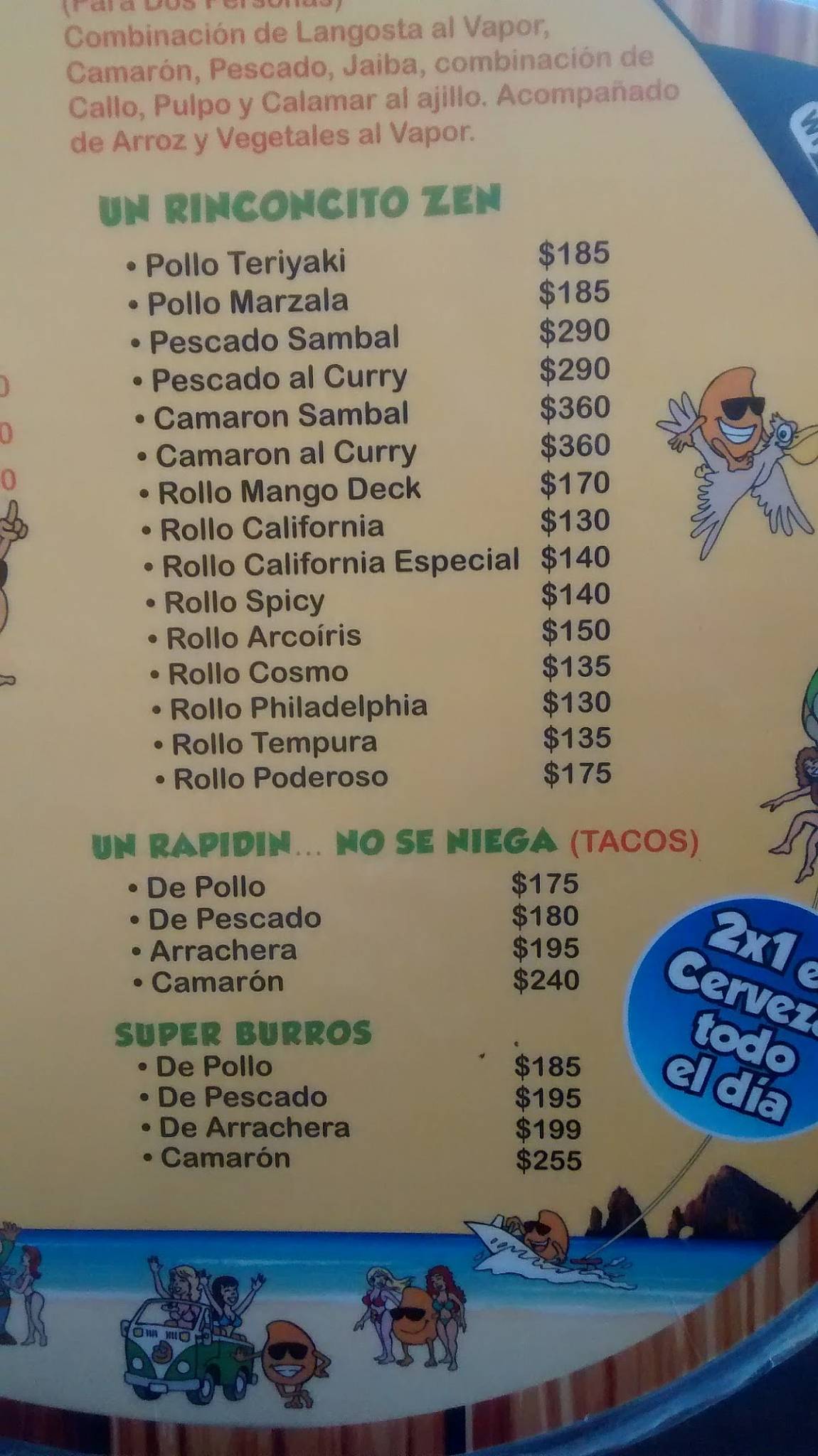 Menu at Mango Deck pub & bar, Cabo San Lucas, Playa El Medano S/N