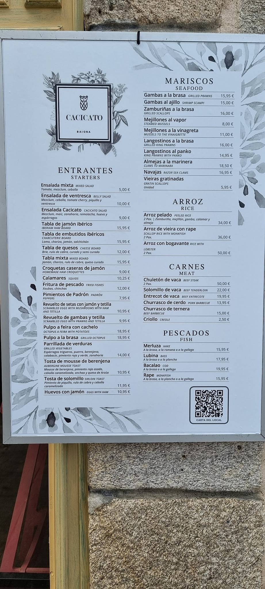 Carta de Restaurante Cacicato, Bayona