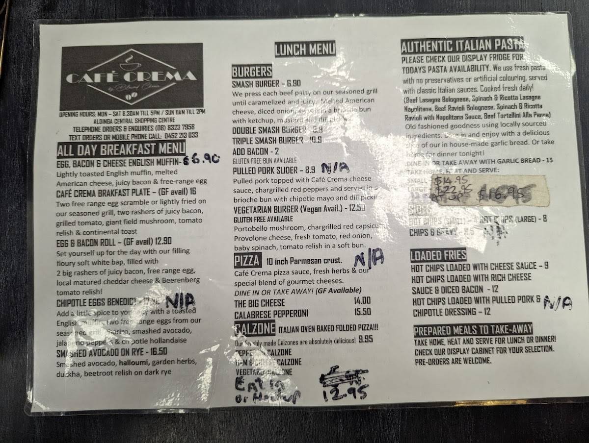 Menu at Café Crema cafe, Aldinga Beach