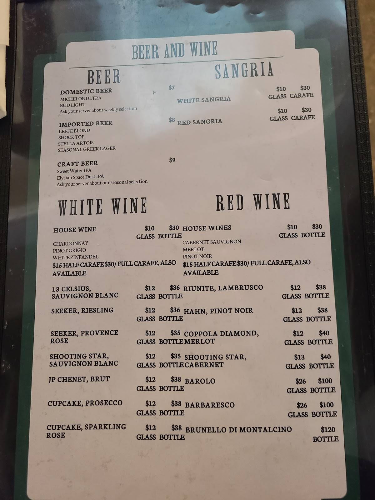 Menu at Café Alcazar cafe, St. Augustine