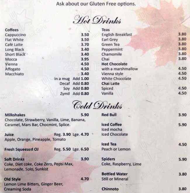 Menu at Cafe Ambra, Adelaide