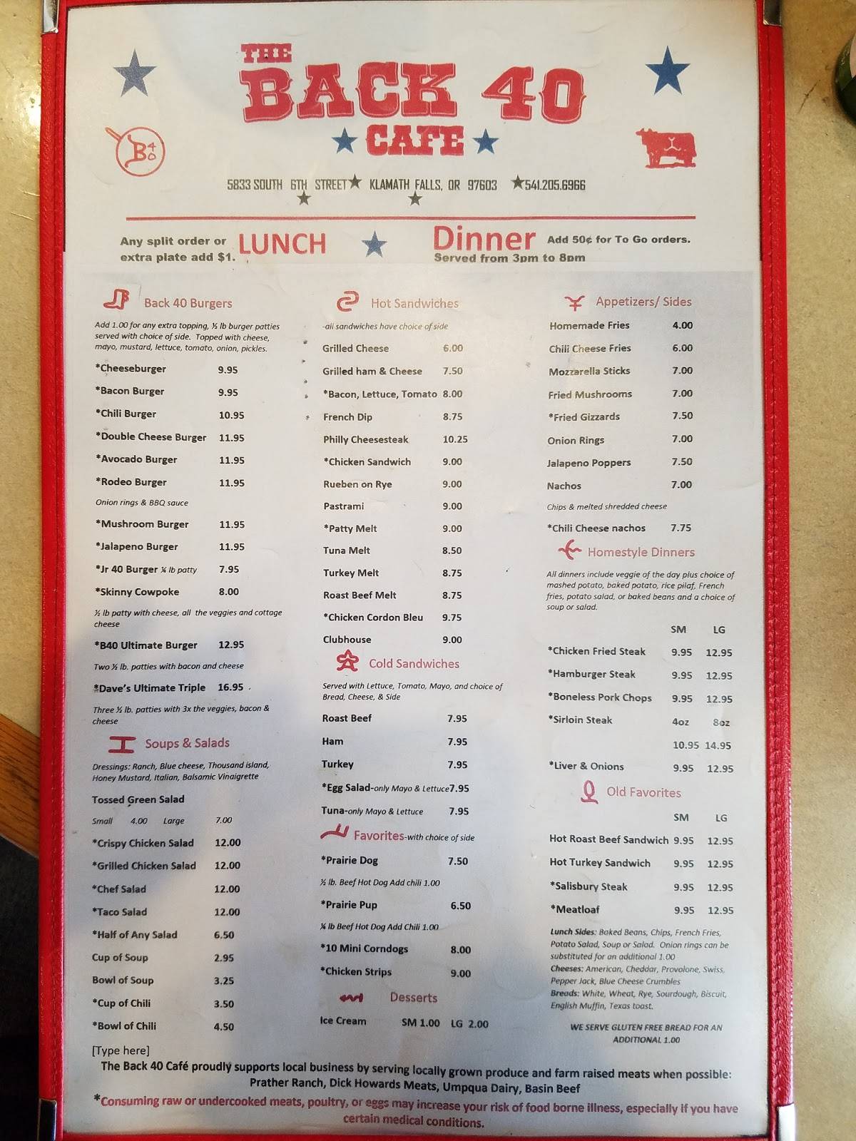 Menu at Back 40 Cafe, Klamath Falls
