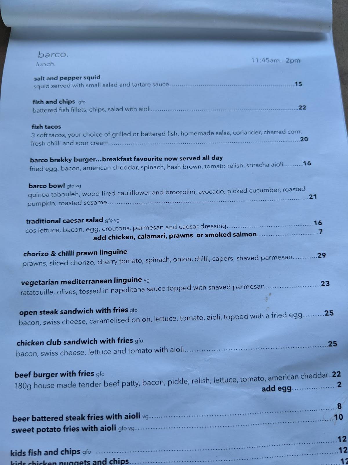 Menu at Café Barco, Safety Bay