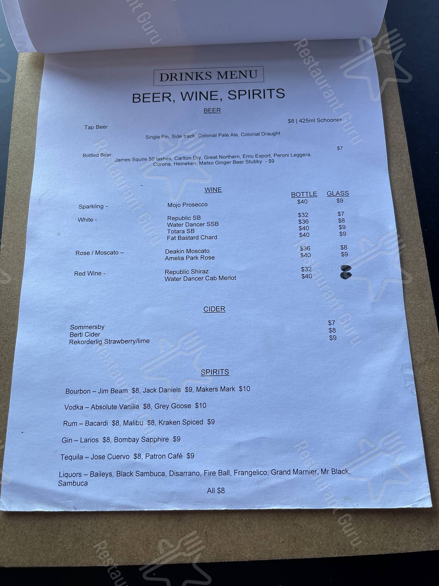 Menu at Café Barco, Safety Bay
