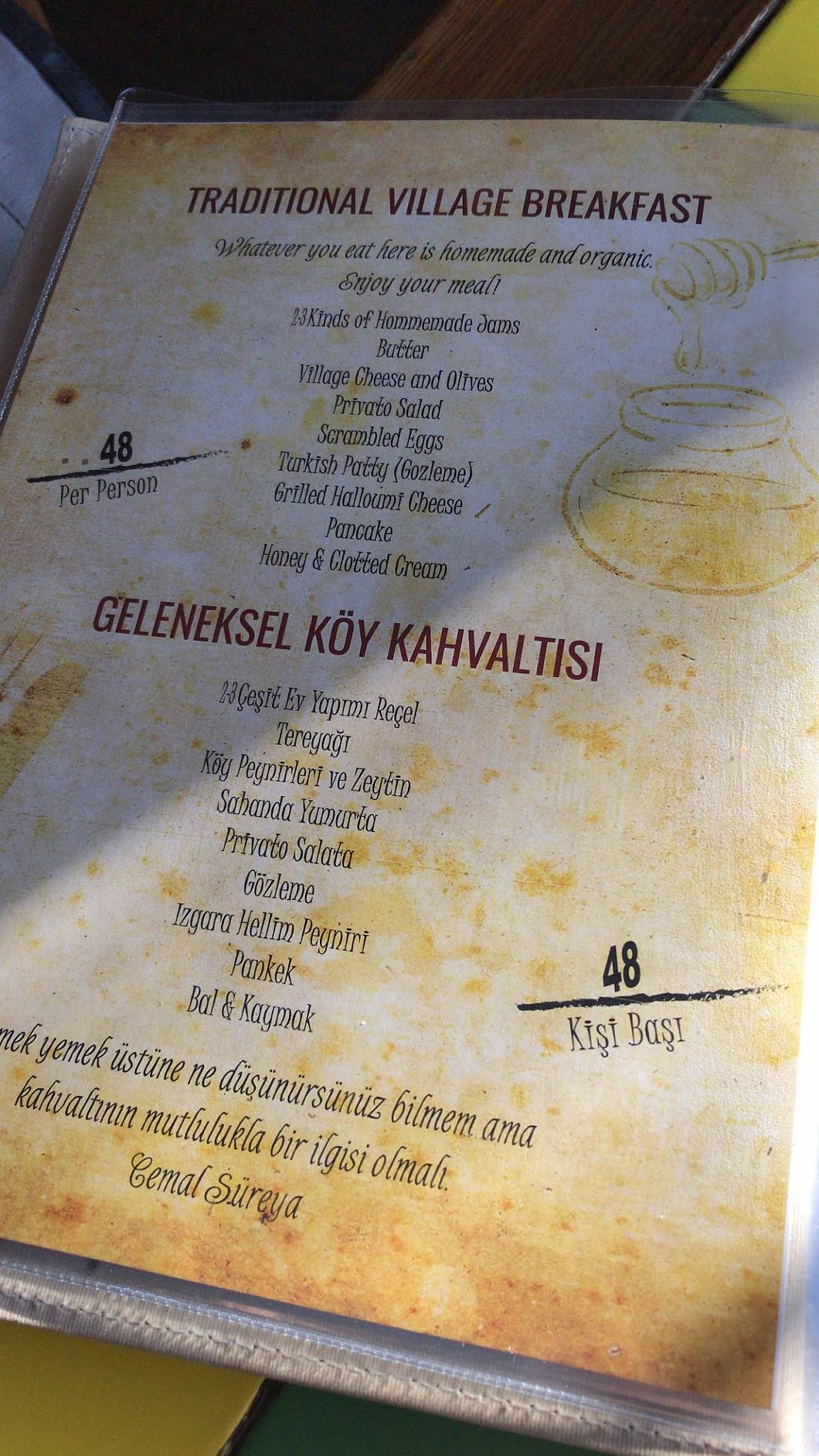 Menu at Cafe Privato Restaurant, Istanbul