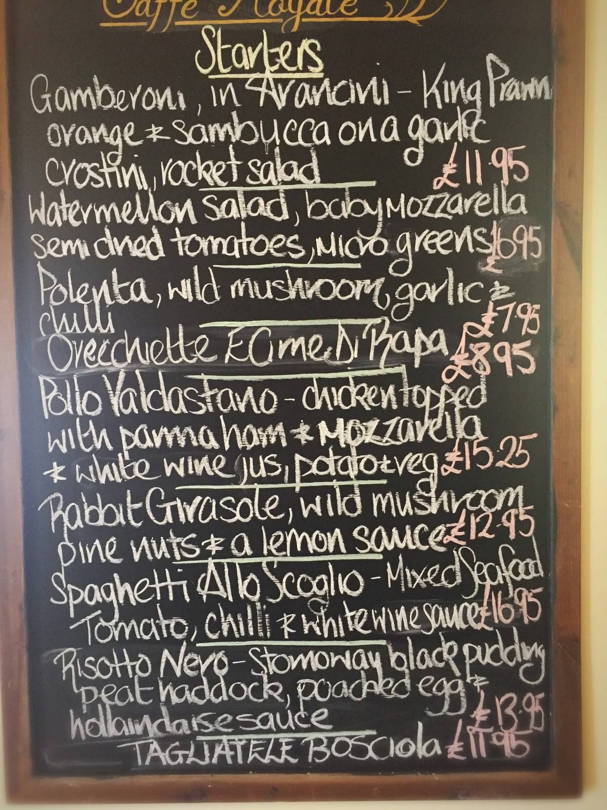 Menu at Caffé Royale restaurant, Paisley