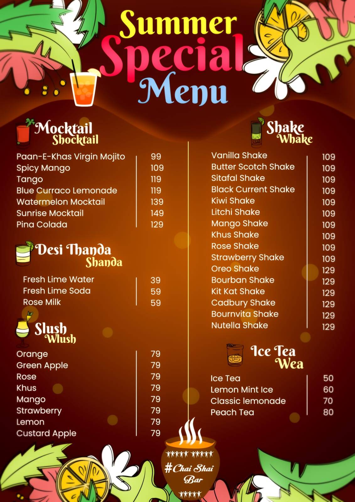 Menu at Chai Shai Bar, Jhansi, Gate 1