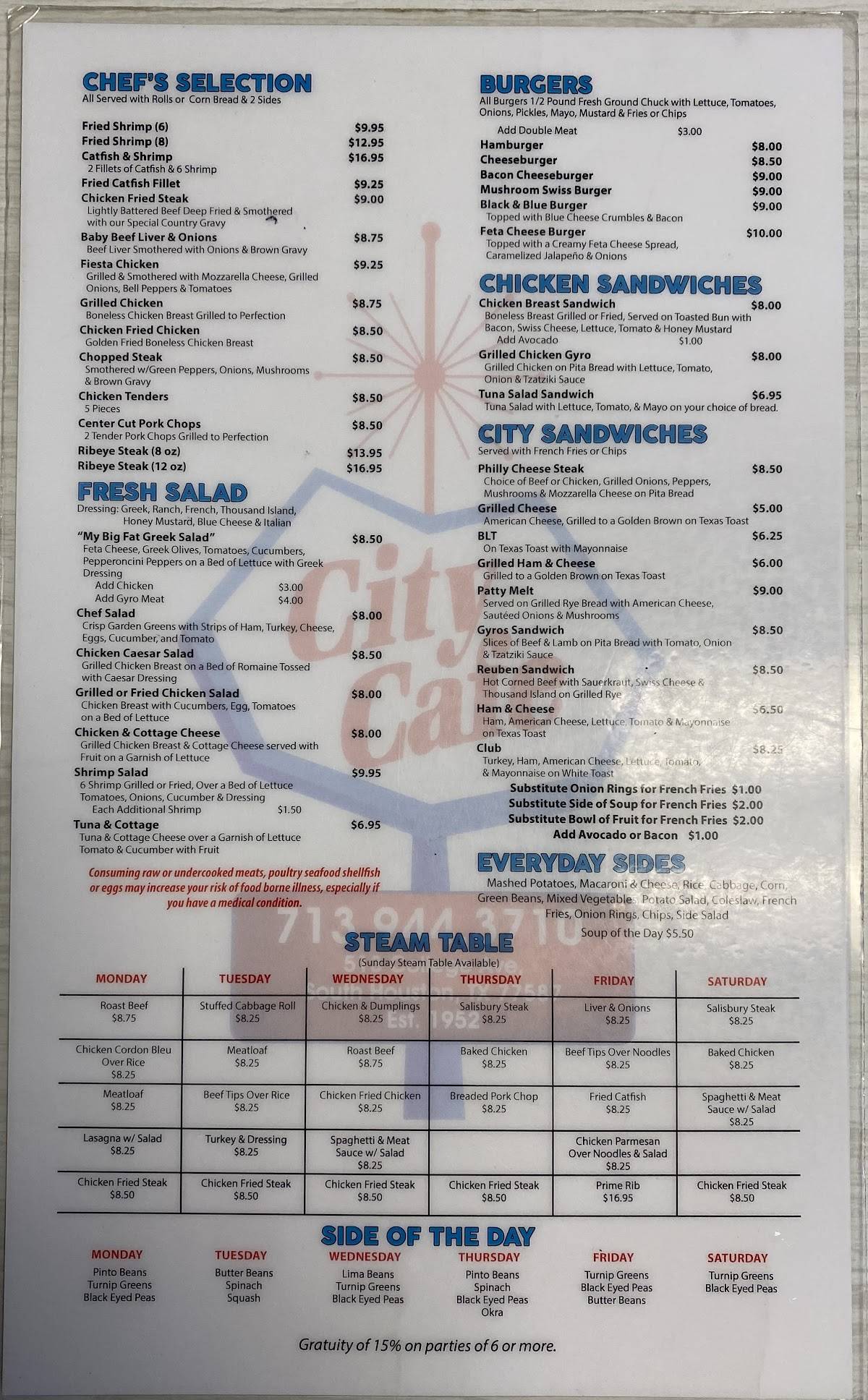Menu at City Cafe, South Houston, 513 College Ave