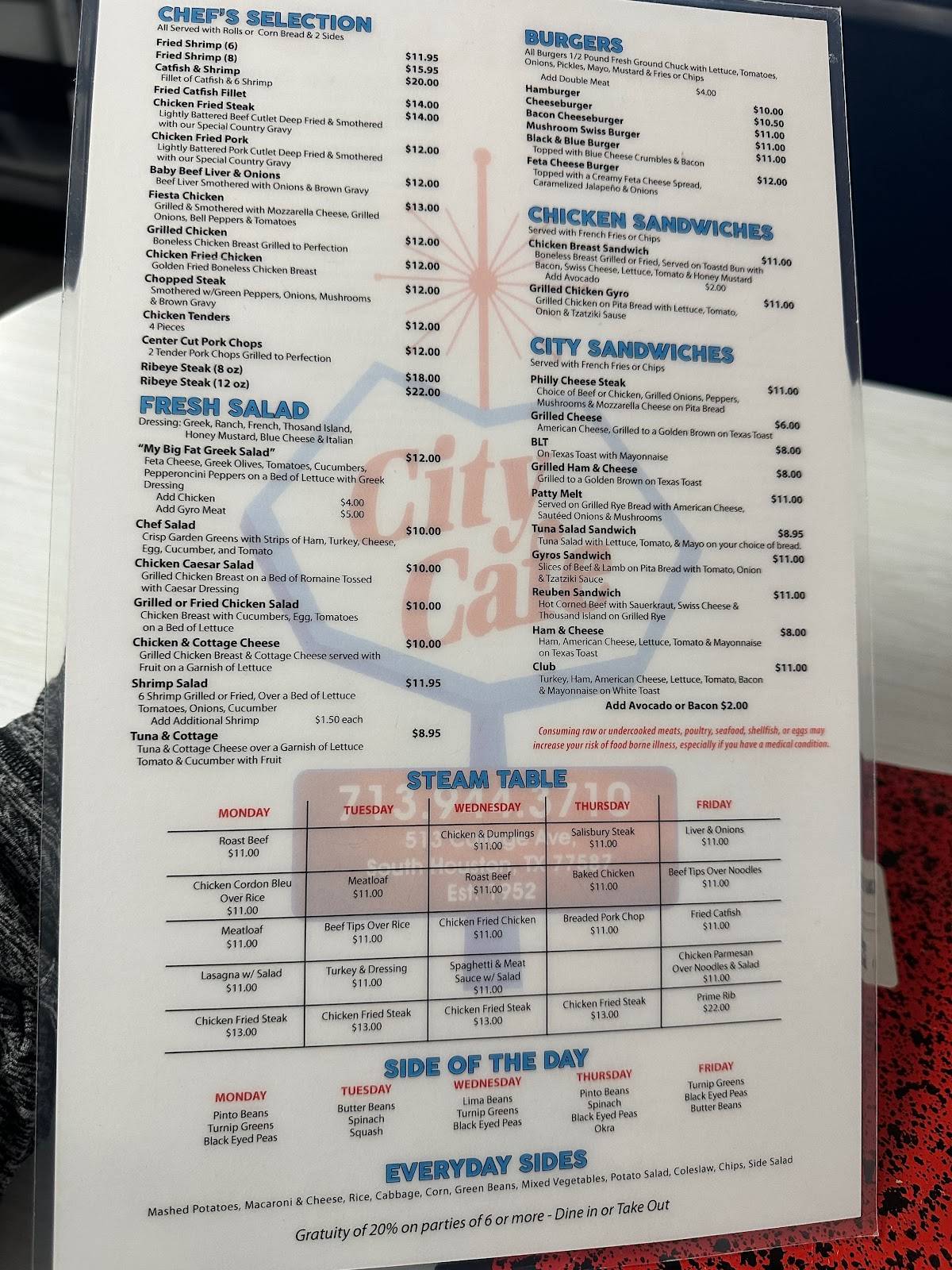 Menu at City Cafe, South Houston, 513 College Ave