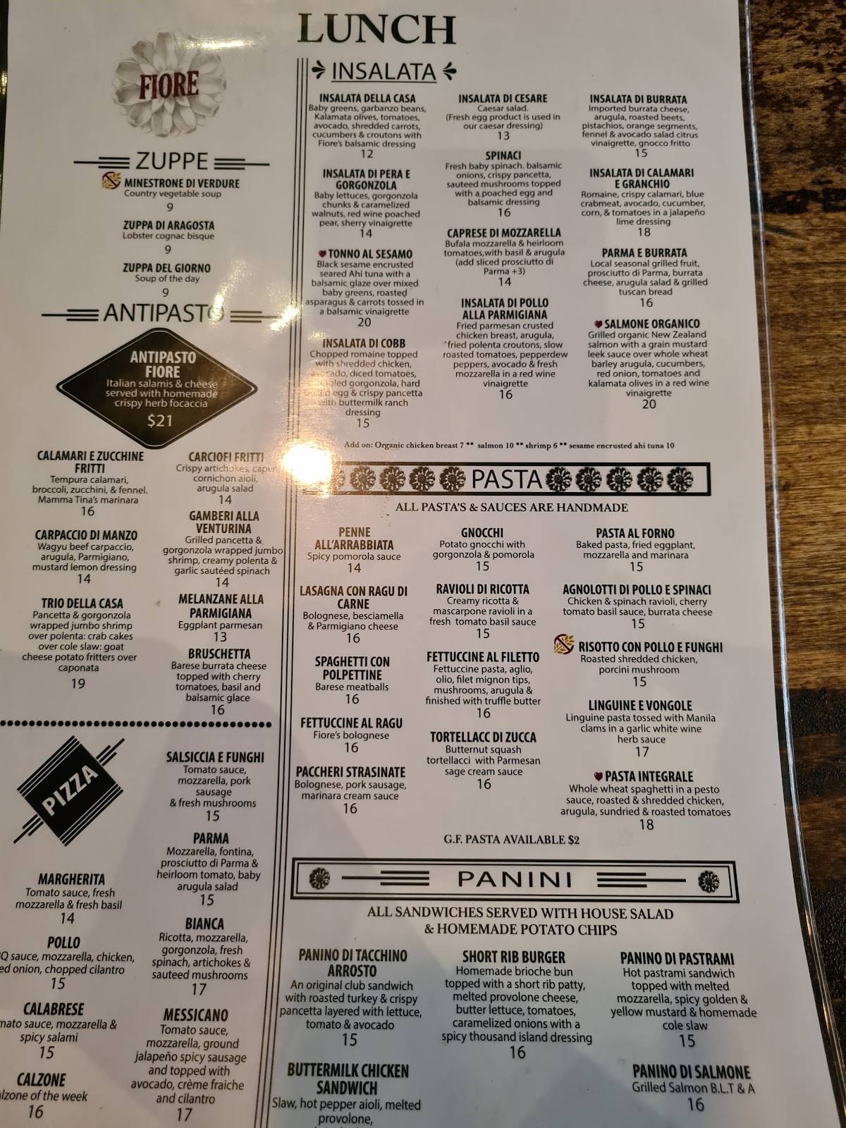 Menu at Cafe Fiore, Ventura